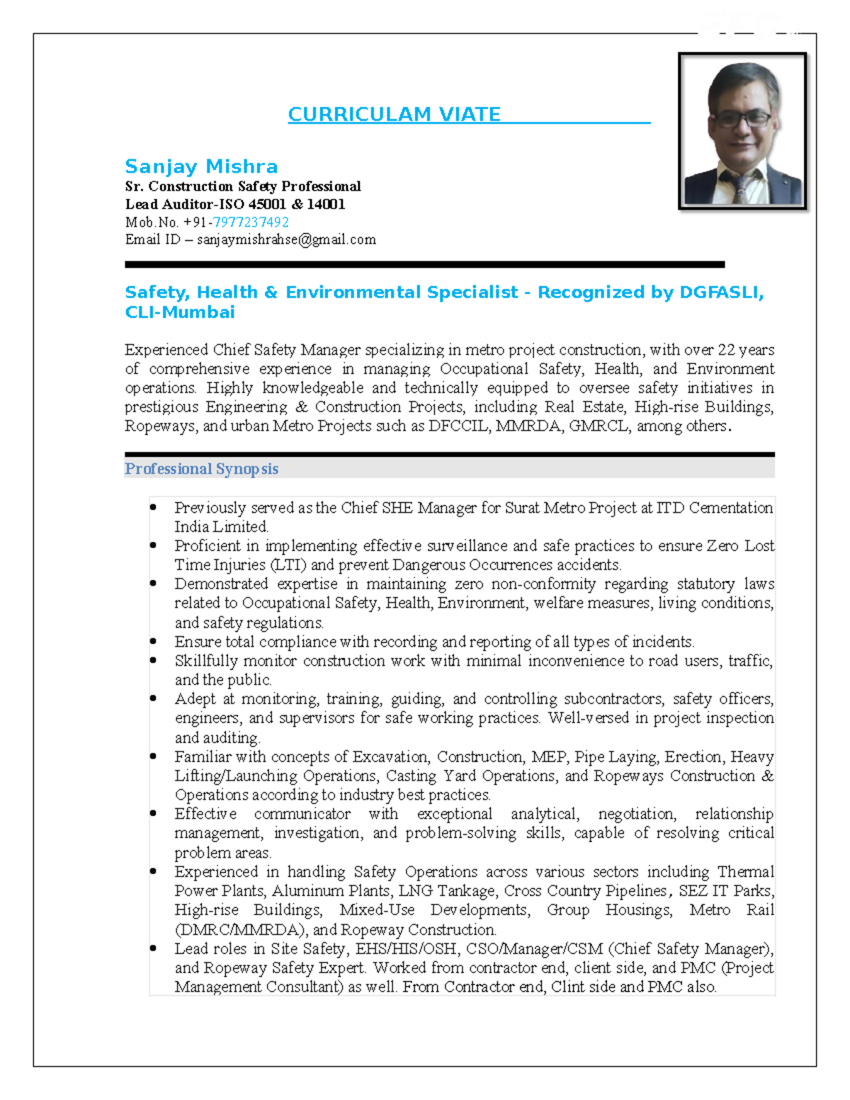 Resume CSM - CURRICULAM VIATE Sanjay Mishra Sr. Construction Safety ...