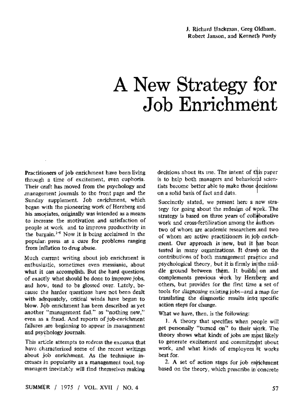 Class 5. Hackman et al. 1975 New strategy for job enrichment - J ...