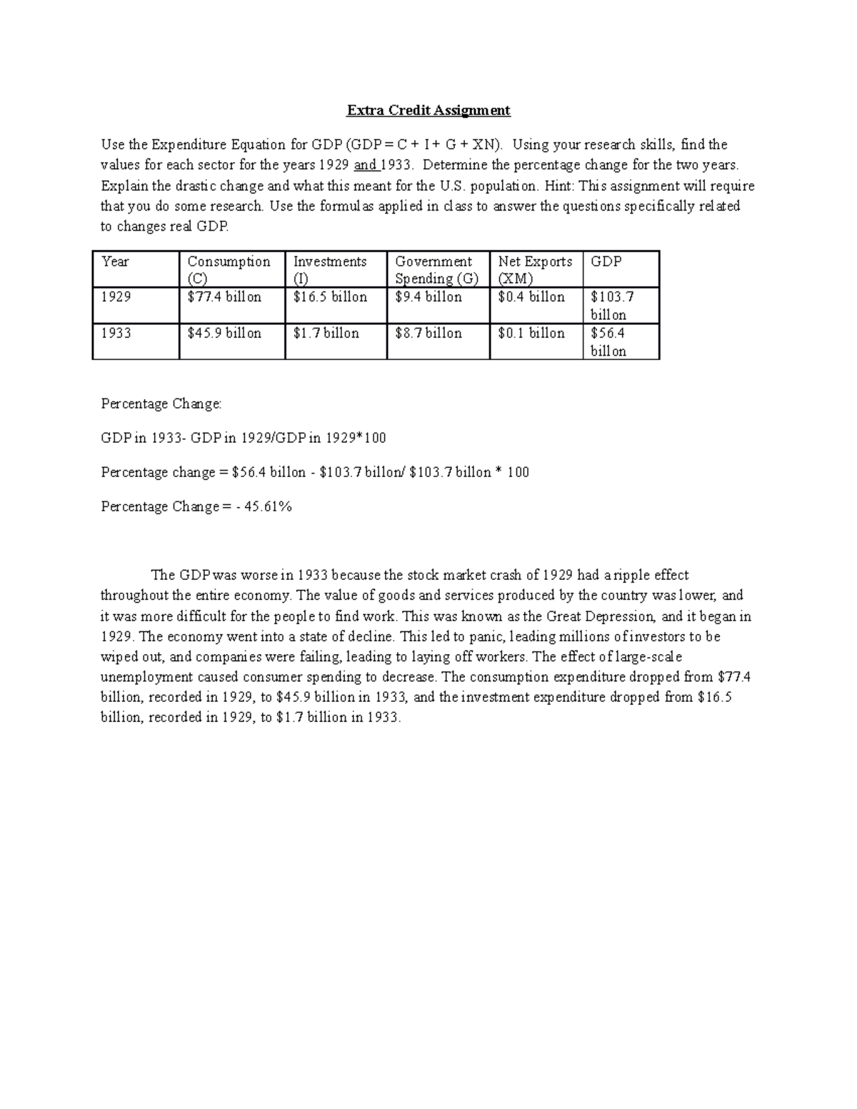 Extra Credit Assignment Calculation - Extra Credit Assignment Use the ...