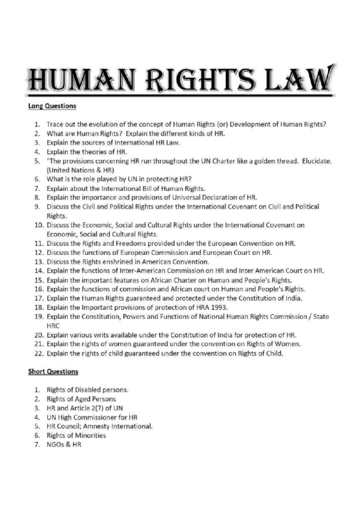 Human rights important question - Human Rights Law and Practice - Studocu
