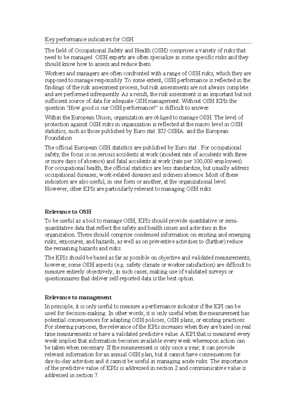 Key performance indicators for OSH - OSH experts are often specialize ...