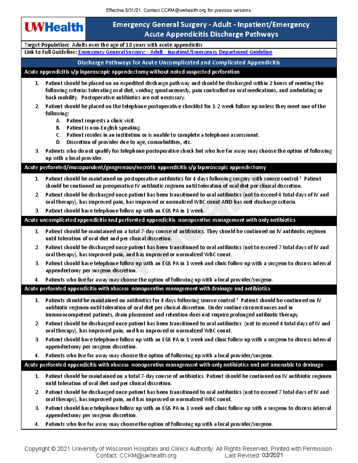Emergency General Surgery Guideline Acute Appendicitis Discharge ...