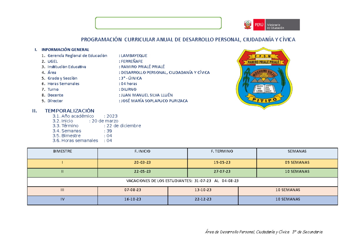 3ro Programacion Anual D.P.C.C - PROGRAMACIÓN CURRICULAR ANUAL DE DESARROLLO PERSONAL ...