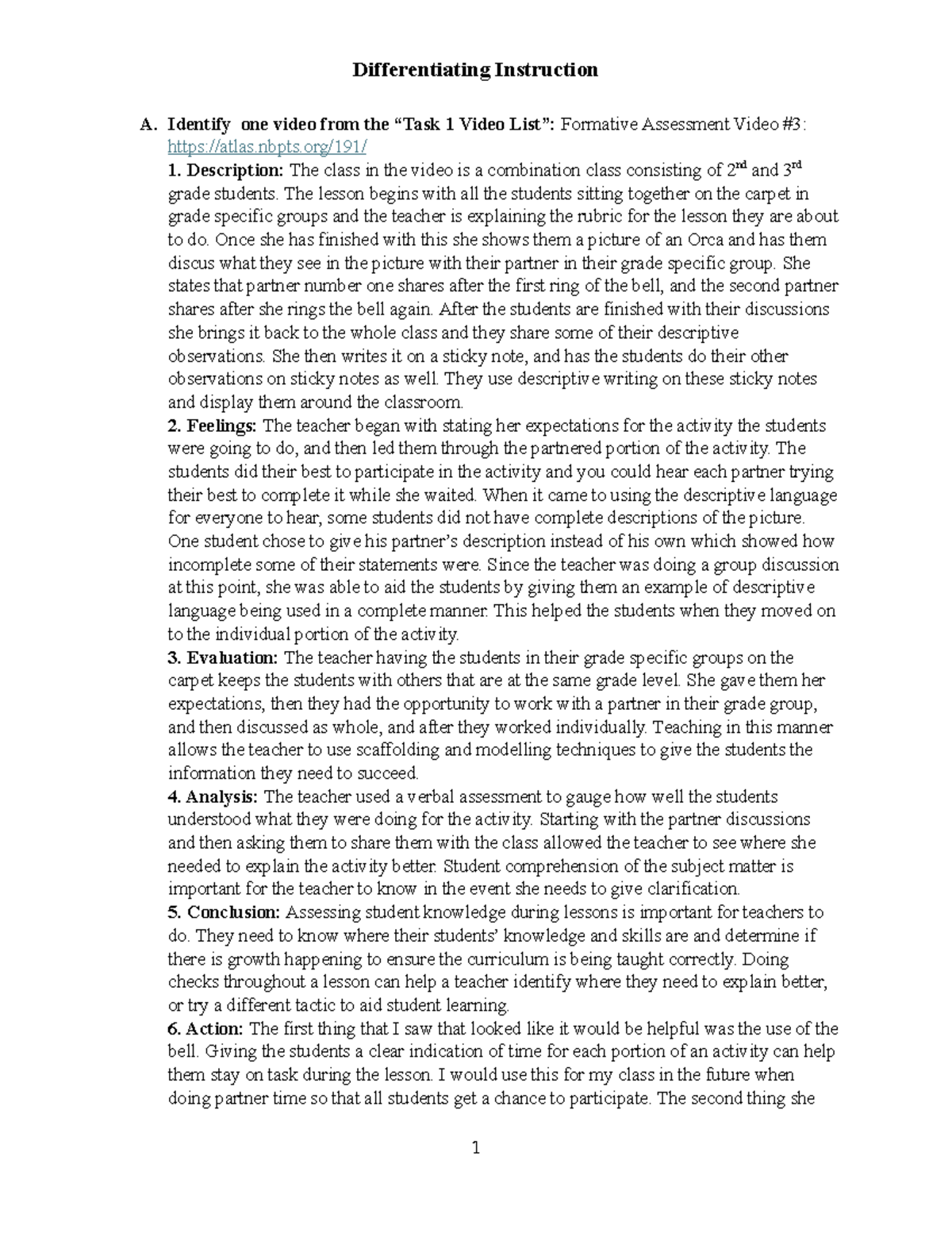 Differentiating instruction - Identify one video from the “Task 1 Video List”: Formative ...
