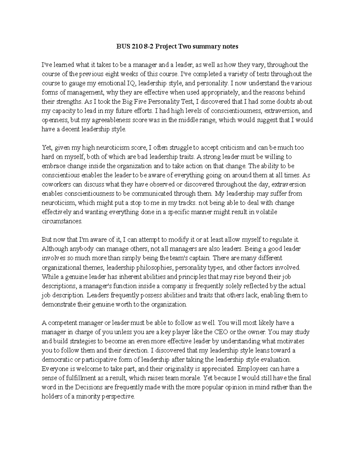 BUS 210 8-2 Project Two summary notes - I've completed a variety of ...