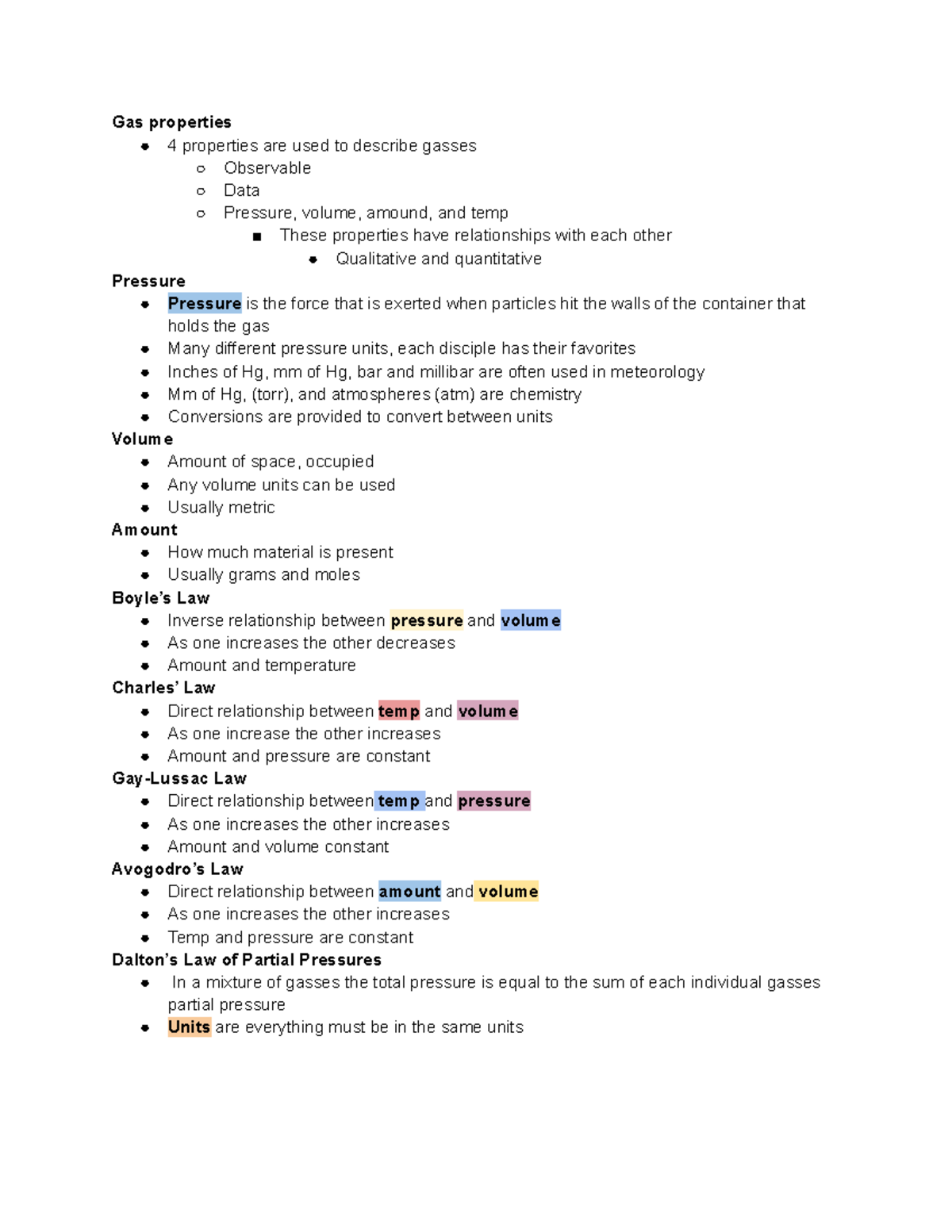 Chem Gasses and Gas Law - notes - Gas properties 4 properties are used ...