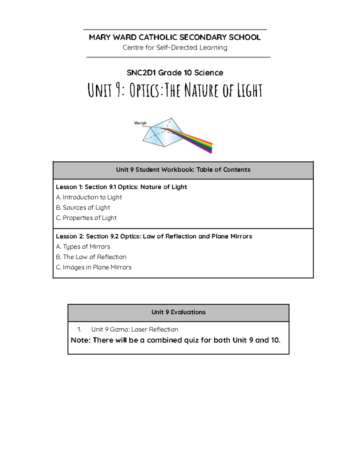 Copy of Unit 9 Optics - The Nature of Light - MARY WARD CATHOLIC ...