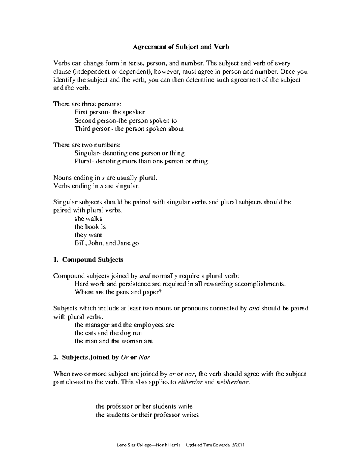 Subject Verb Agreement Handout - Agreement of Subject and Verb Verbs ...