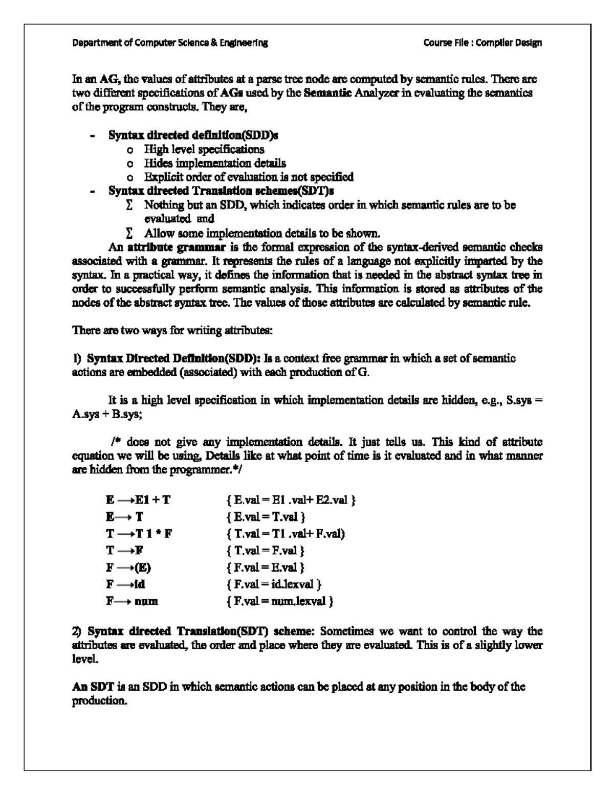 SDD-Typechecking - In Brief - Department of Computer Science Engineering Course File : Compiler ...