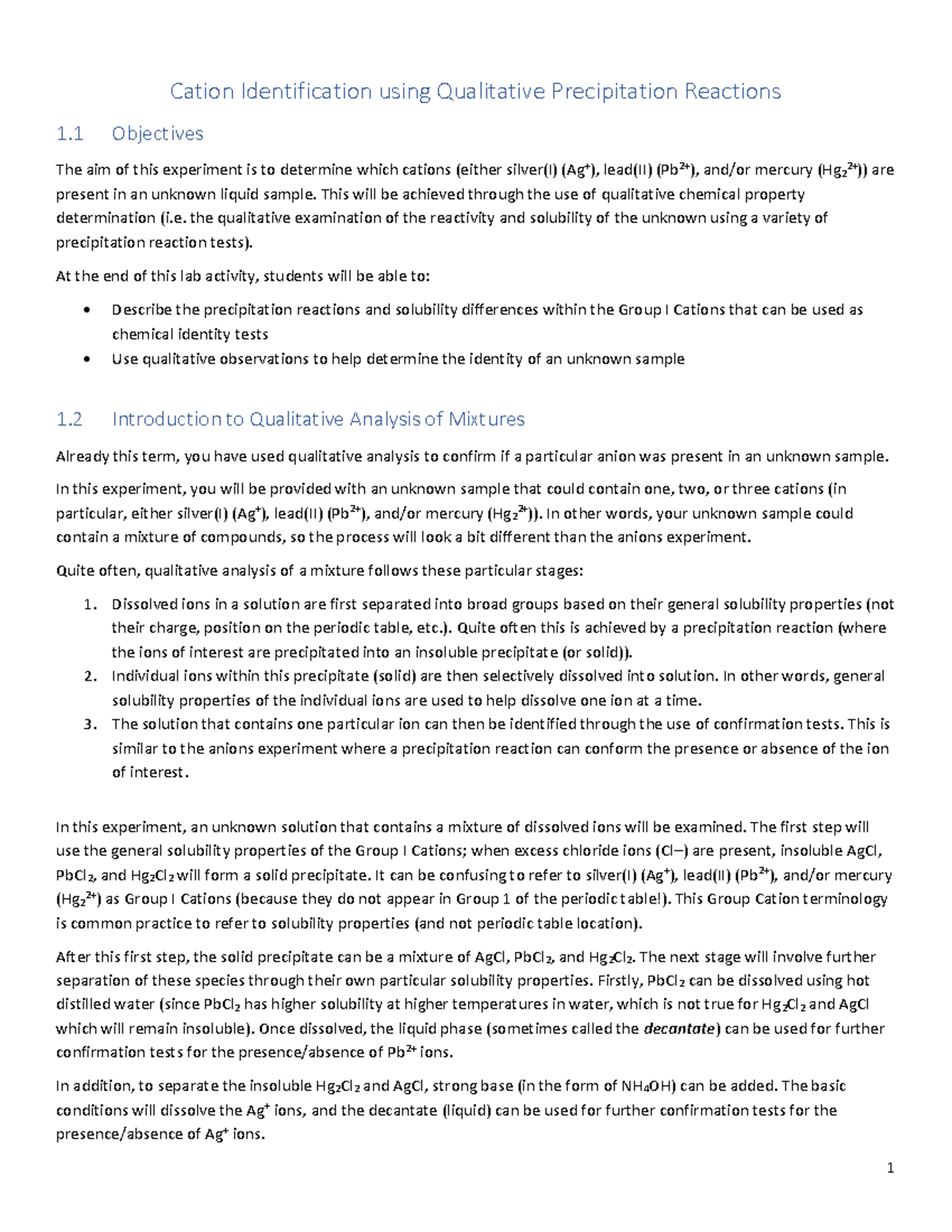 Cations Lab Protocol - Cation Identification using Qualitative ...