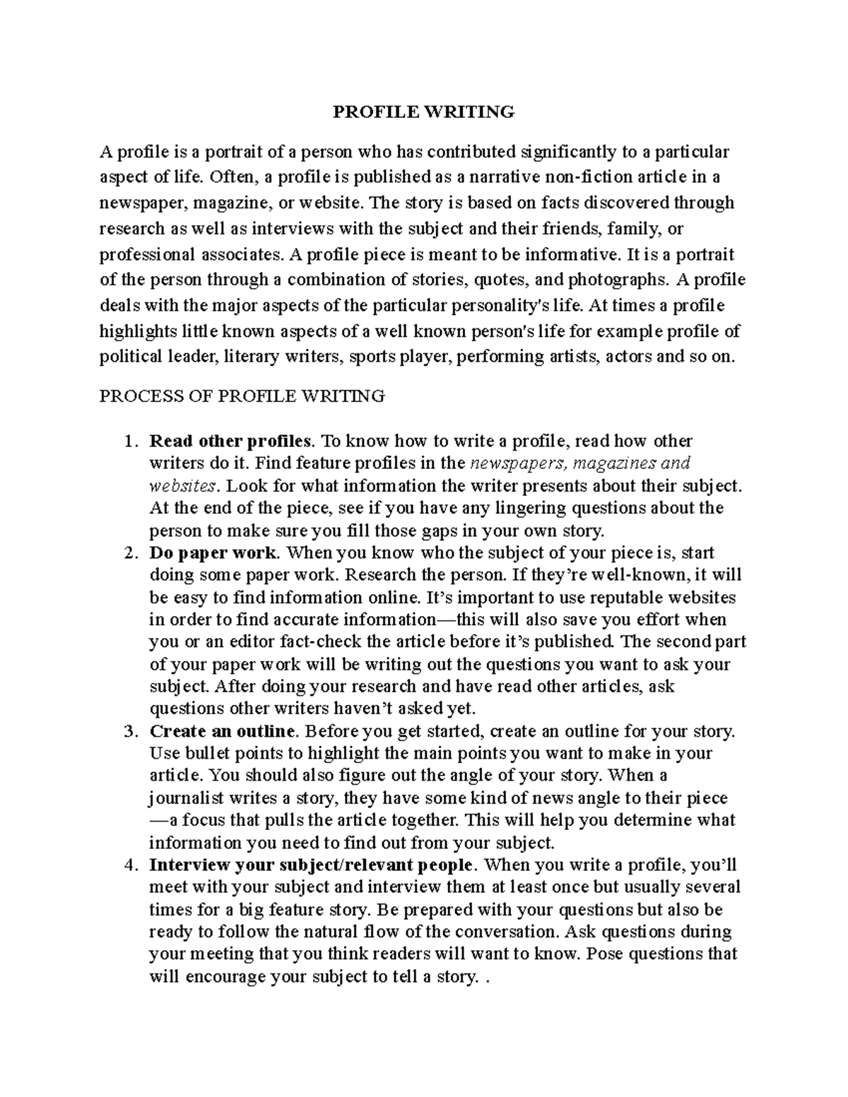 Profile Writing - PROFILE WRITING A profile is a portrait of a person ...