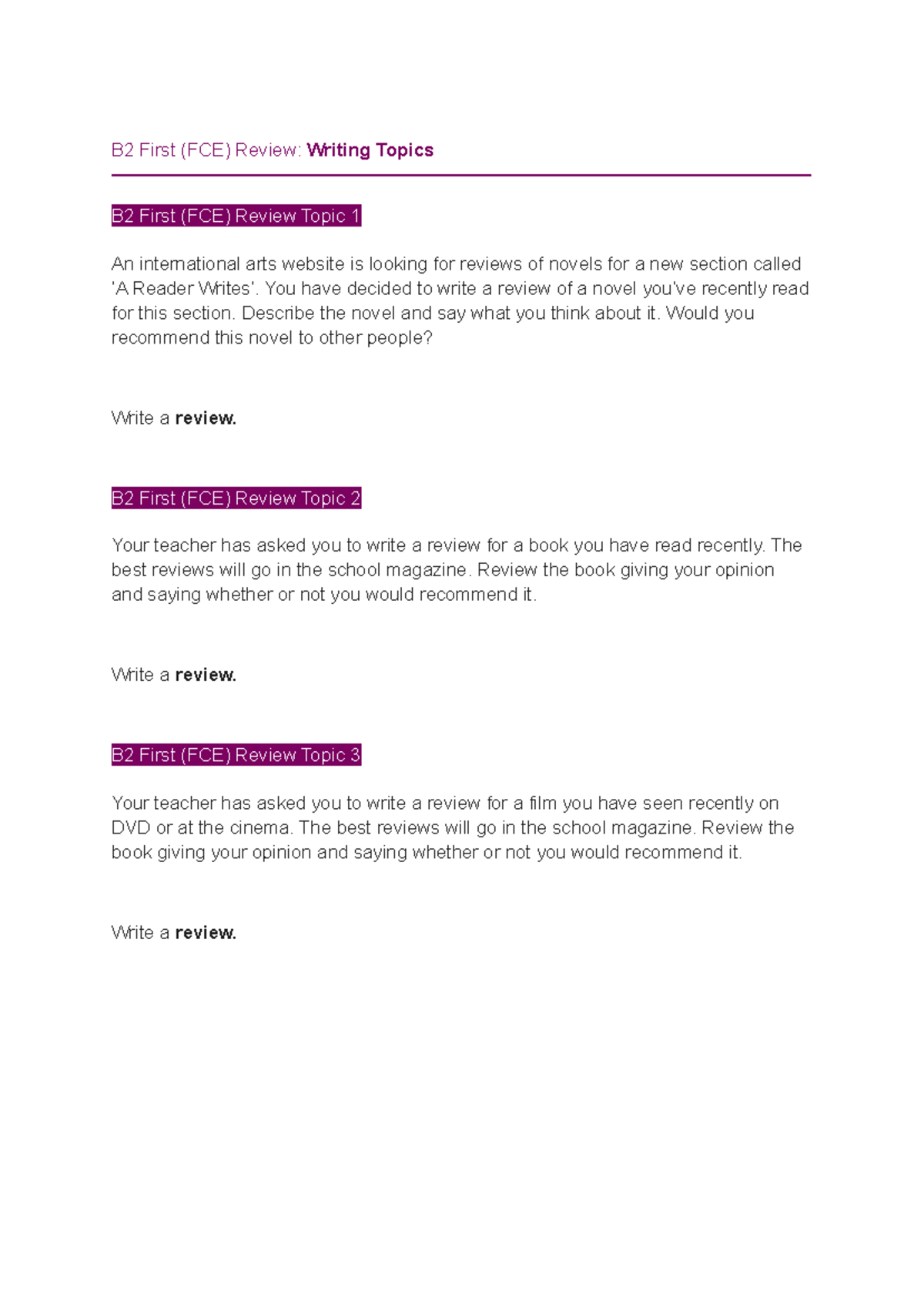 B2-First-FCE-Review -Writing-Topics-PDF - B2 First (FCE) Review ...