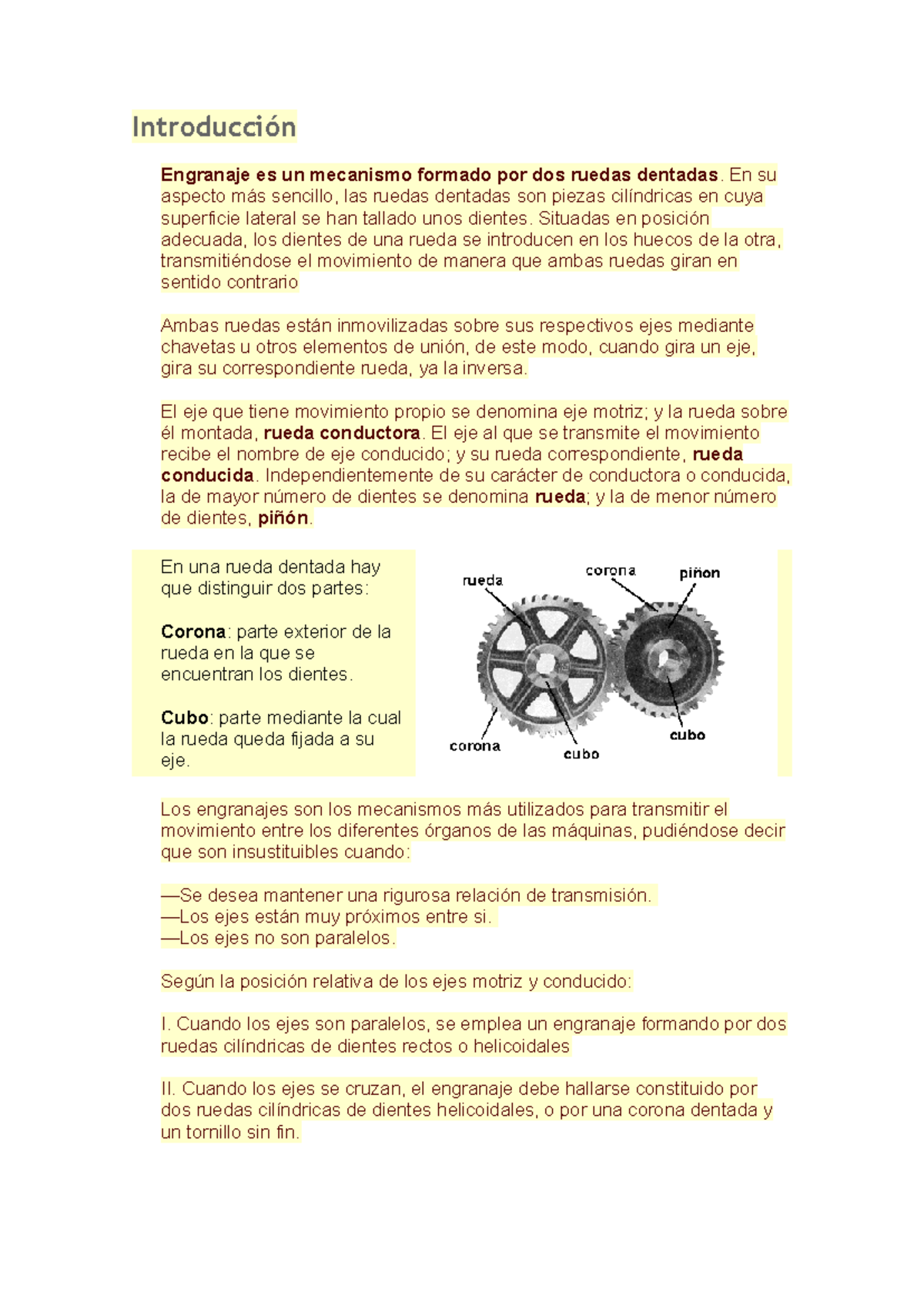 Engranajes de diente recto - Introducción Engranaje es un mecanismo ...
