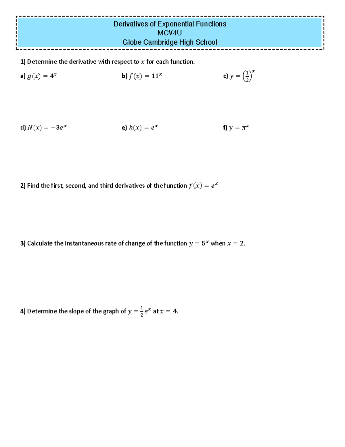 Derivative exp wrkst - Log and expo - W 4 – Derivatives of Exponential ...