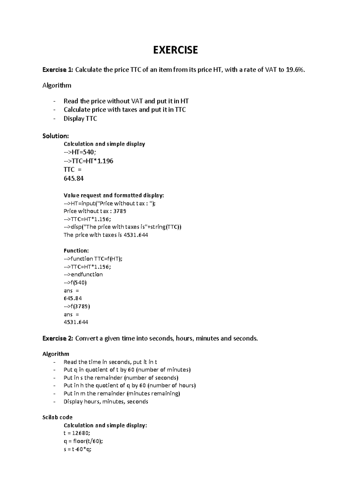 Exercises - Silab - EXERCISE Exercise 1 : Calculate the price TTC of an ...