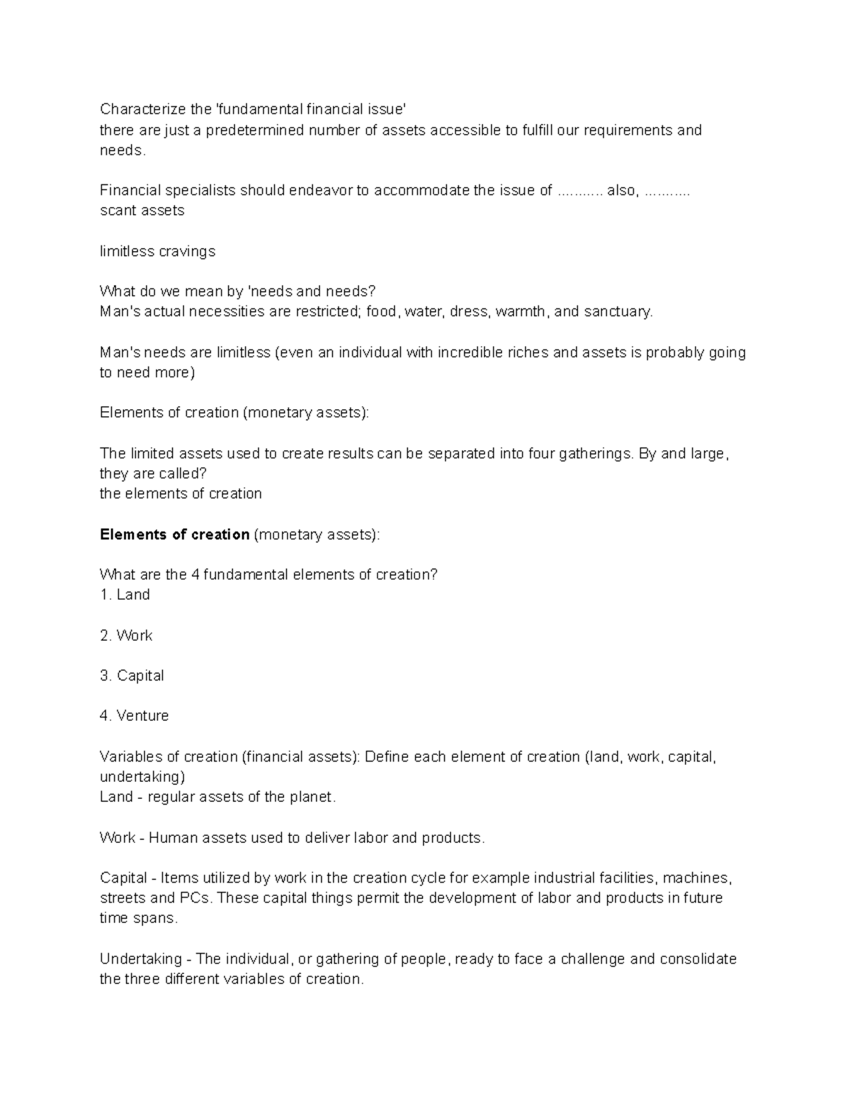 Economic concepts Elements of creation, financial assets - Characterize ...