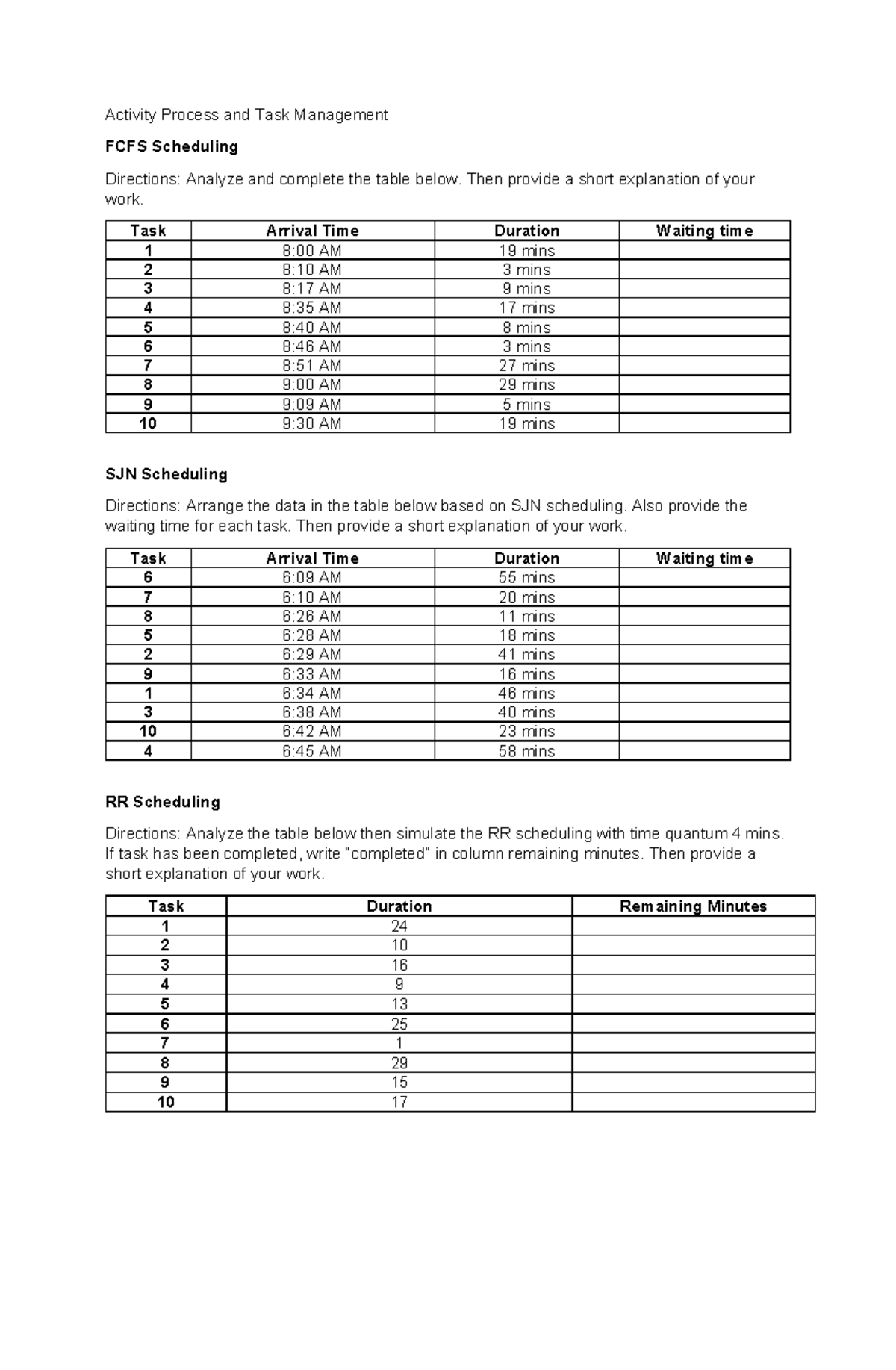 Act Process Task Management - Activity Process and Task Management FCFS ...