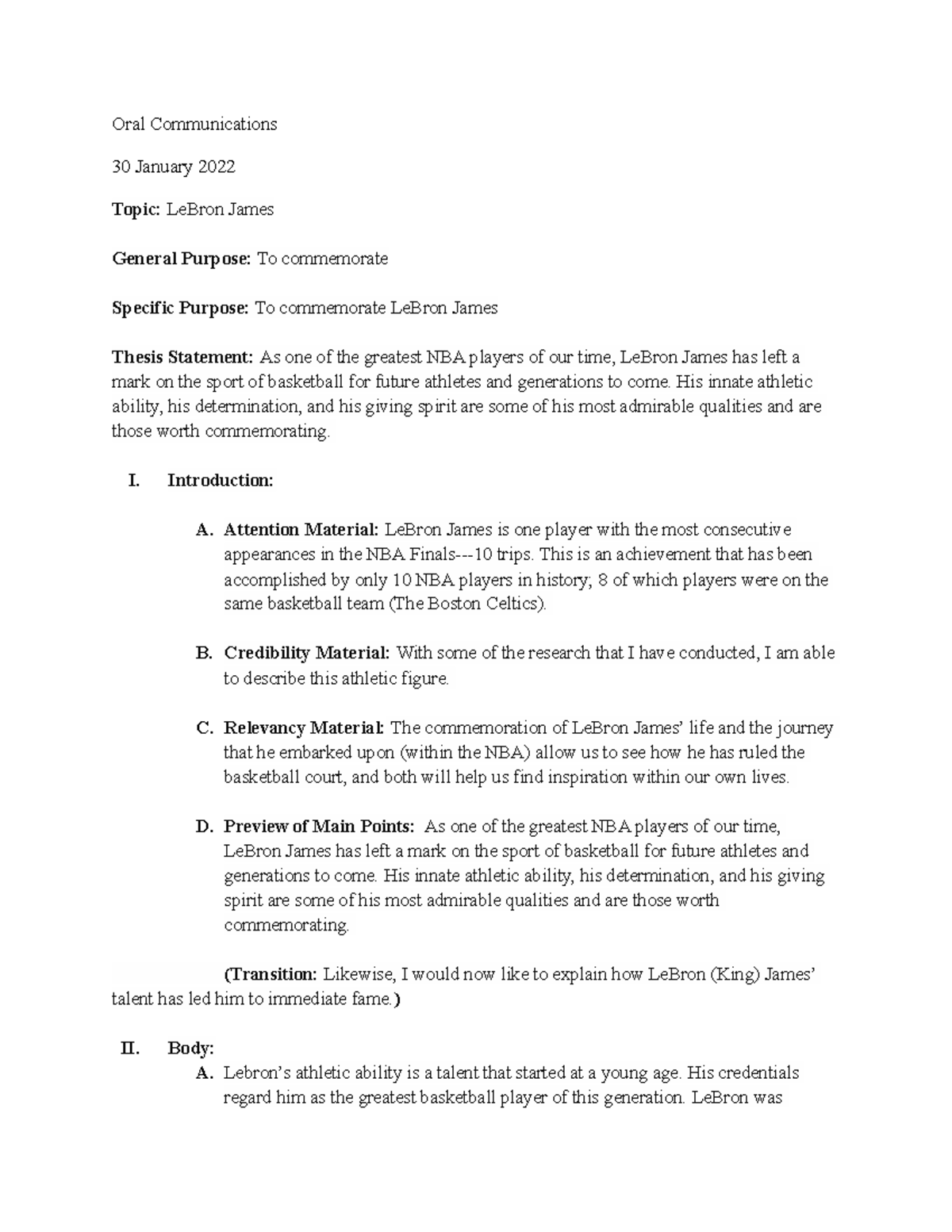 Commemorative Speech Outline 2022 - Oral Communications 30 January 2022 ...