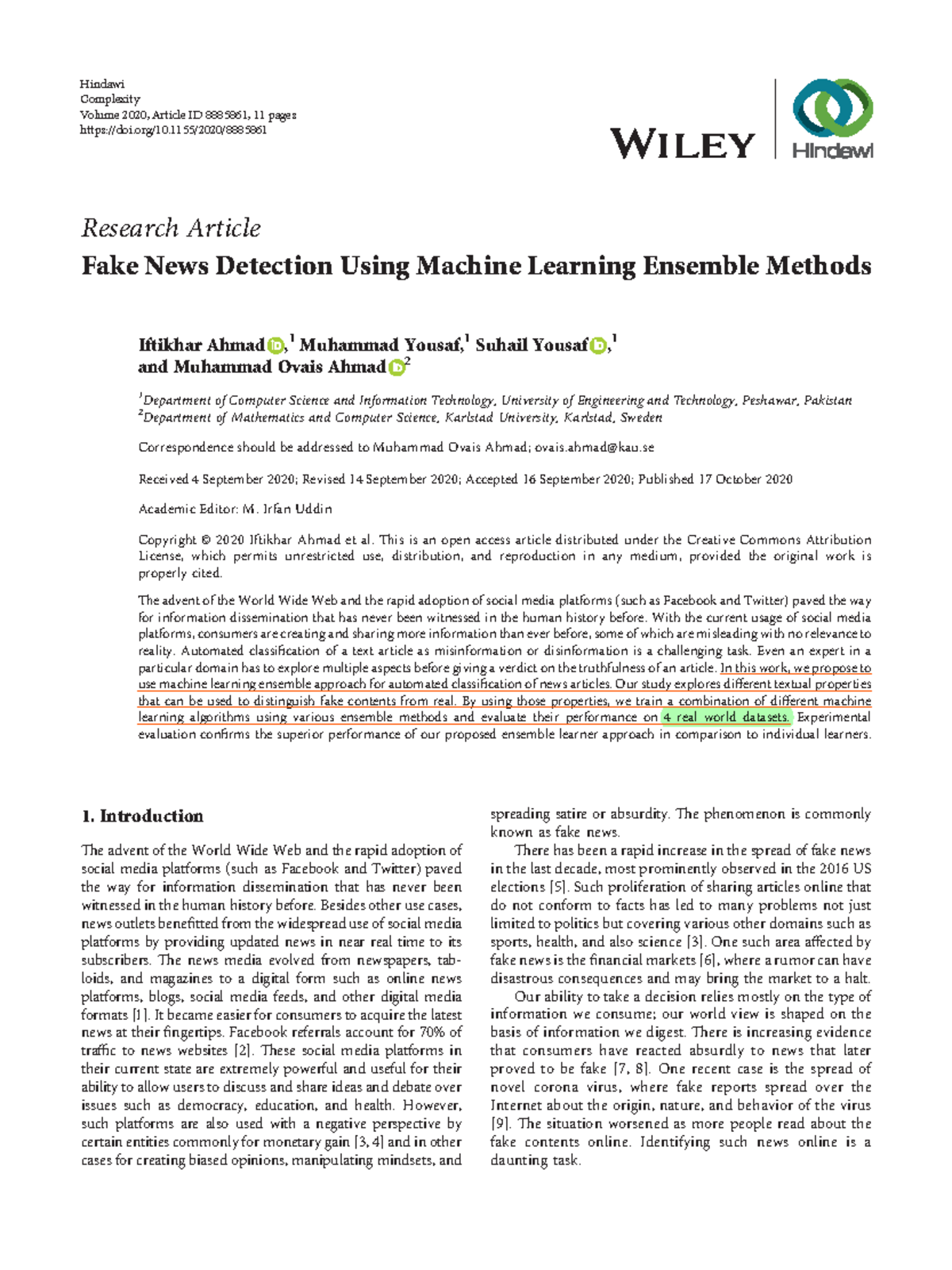 Fake News Detection Using Machine Learning Ensemble Methods - Research ...