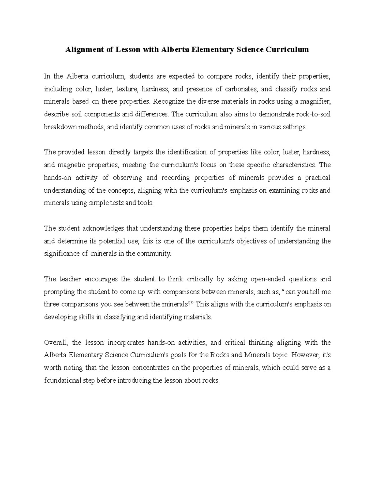 Alignment of Lesson with Alberta Elementary Science Curriculum ...