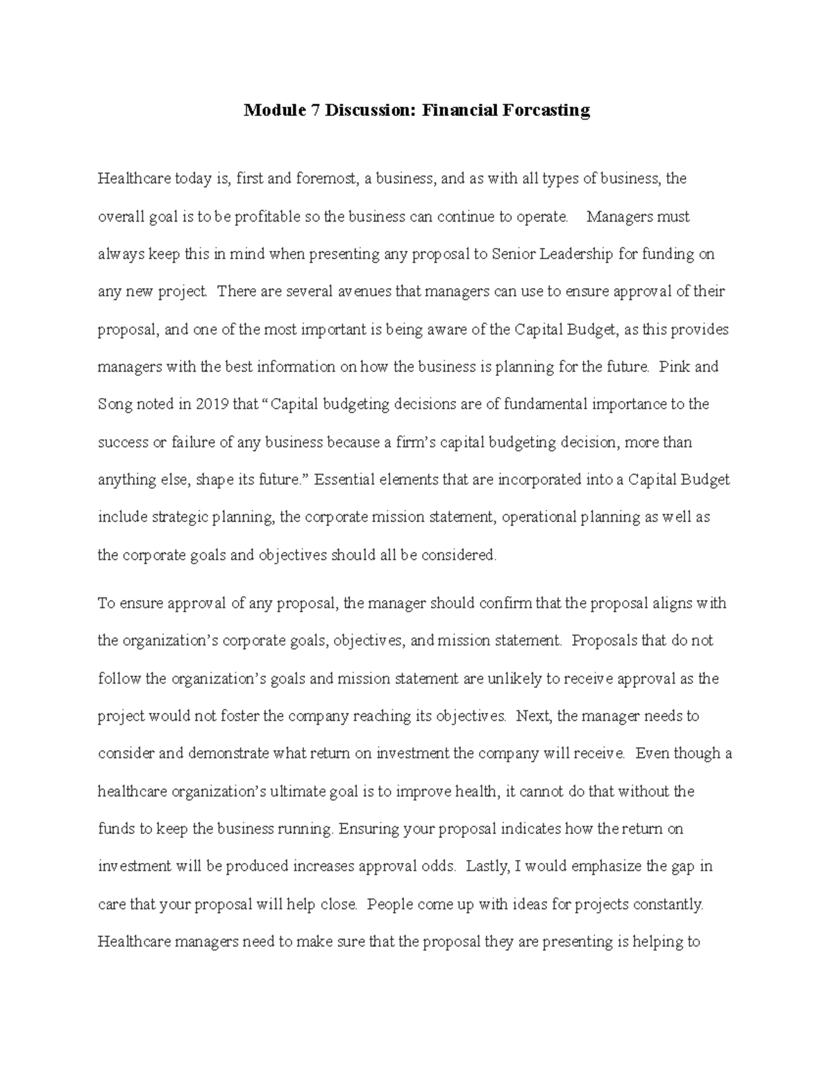 Module 7 Discussion - Module 7 Discussion: Financial Forcasting ...
