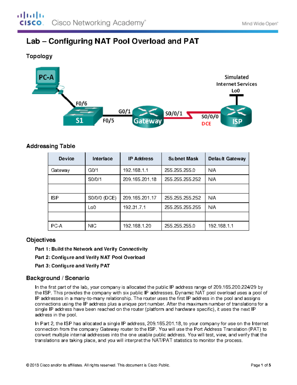Ch 11 P.E. Configuring NAT Pool Overload and PAT - Lab Configuring NAT ...
