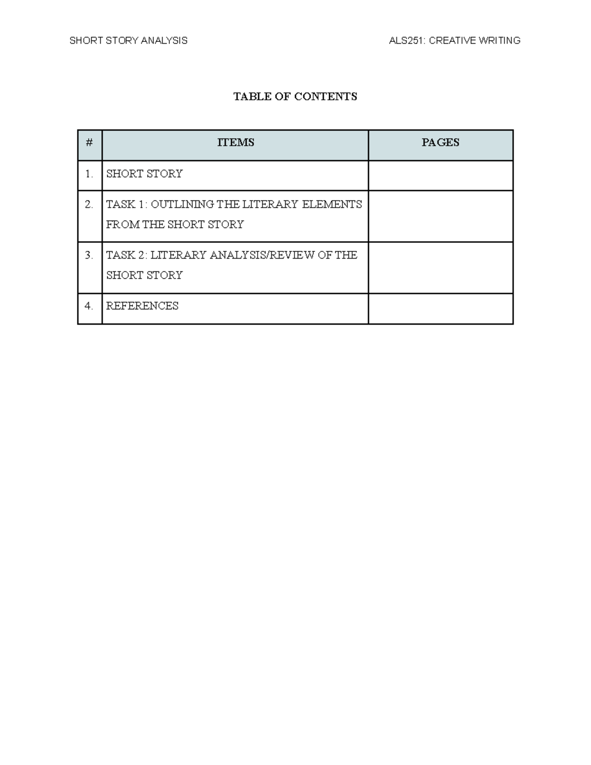 Short Story Analysis - TABLE OF CONTENTS # ITEMS PAGES 1. SHORT STORY 2 ...