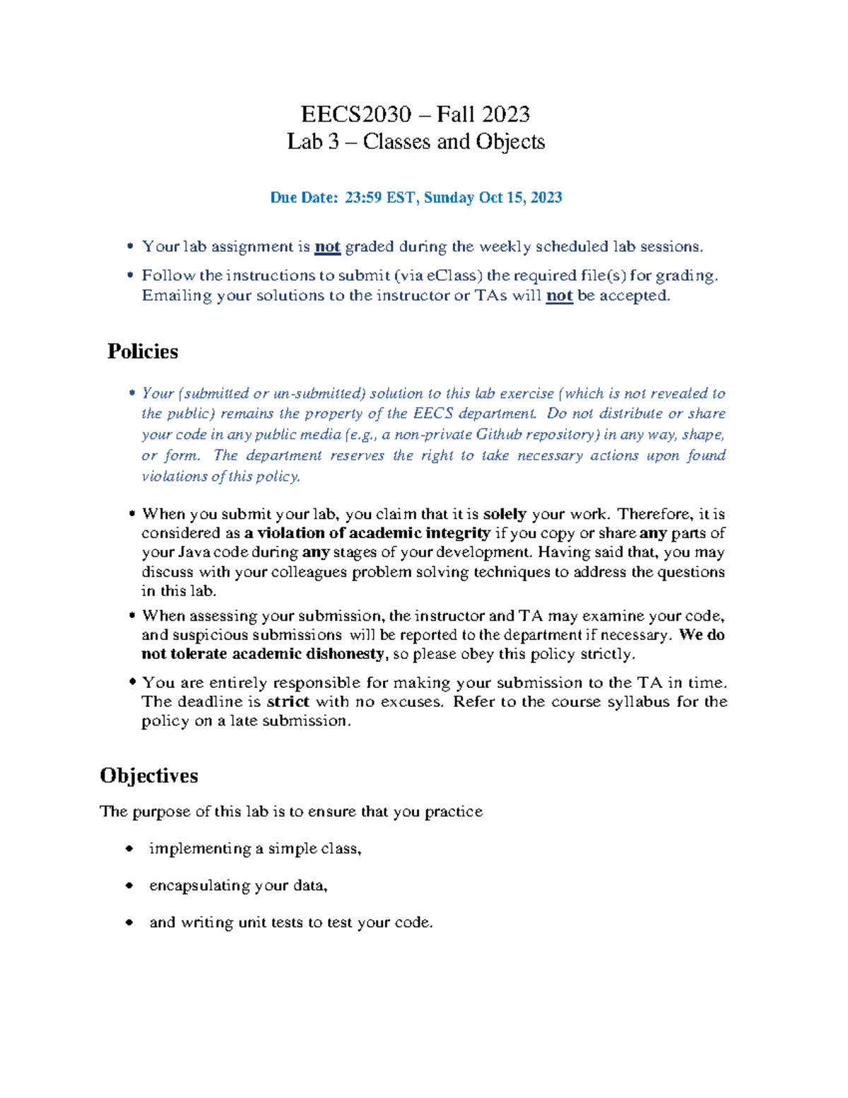 Lab3 CLO4 - Lab 3 for Classes. - EECS 2030 – Fall 2023 Lab 3 – Classes and Objects Due Date: 23: ...