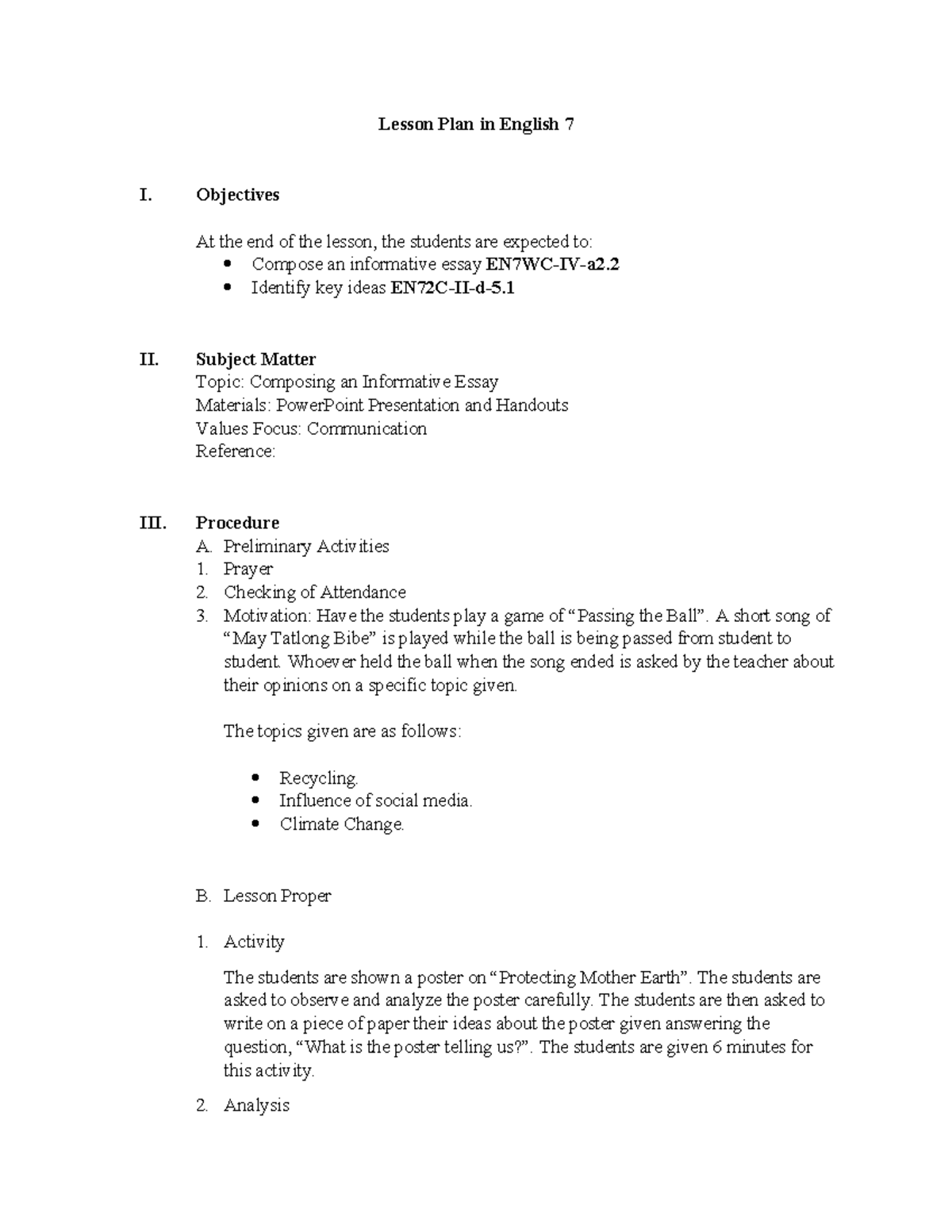 LP CSN- G7 - Lesson Plan in English 7 I. Objectives At the end of the ...