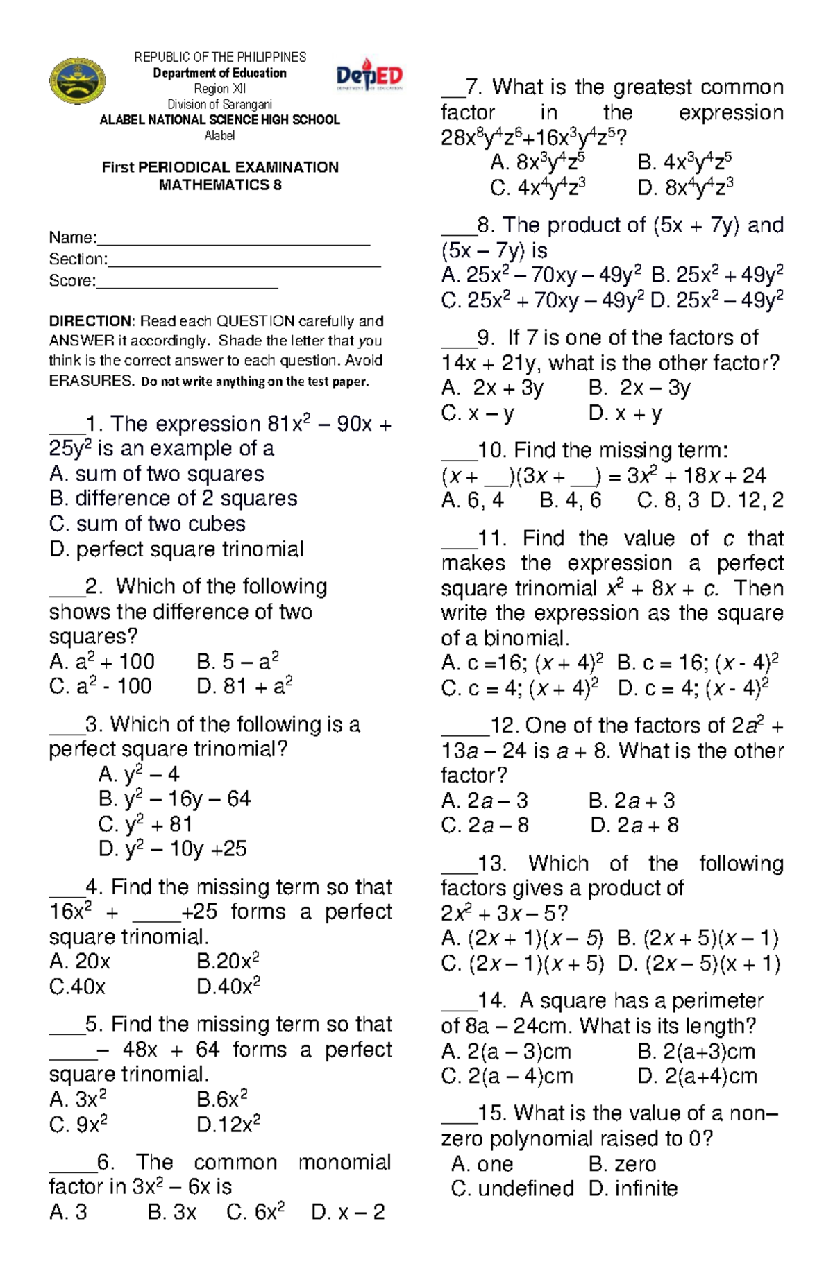 First Periodical Exam in Math 8 - REPUBLIC OF THE PHILIPPINES ...