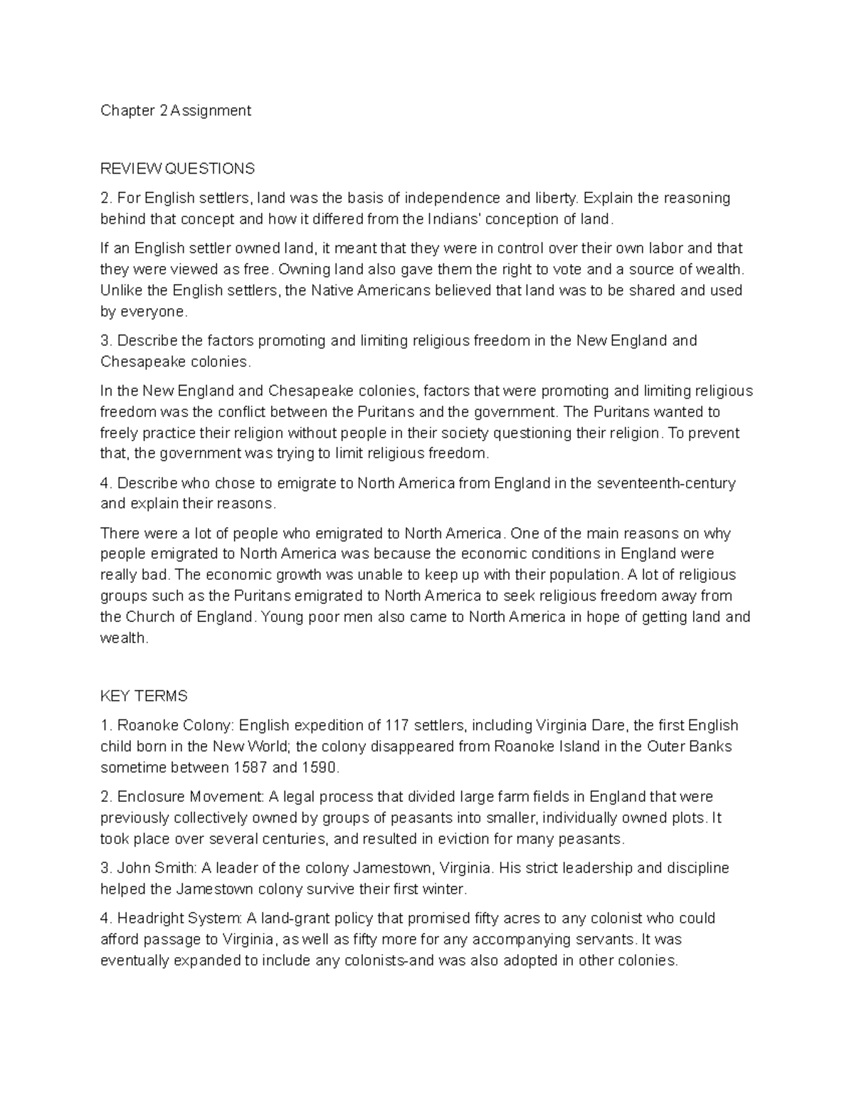 HIST 1301 Chapter 2 Assignment - Chapter 2 Assignment REVIEW QUESTIONS ...