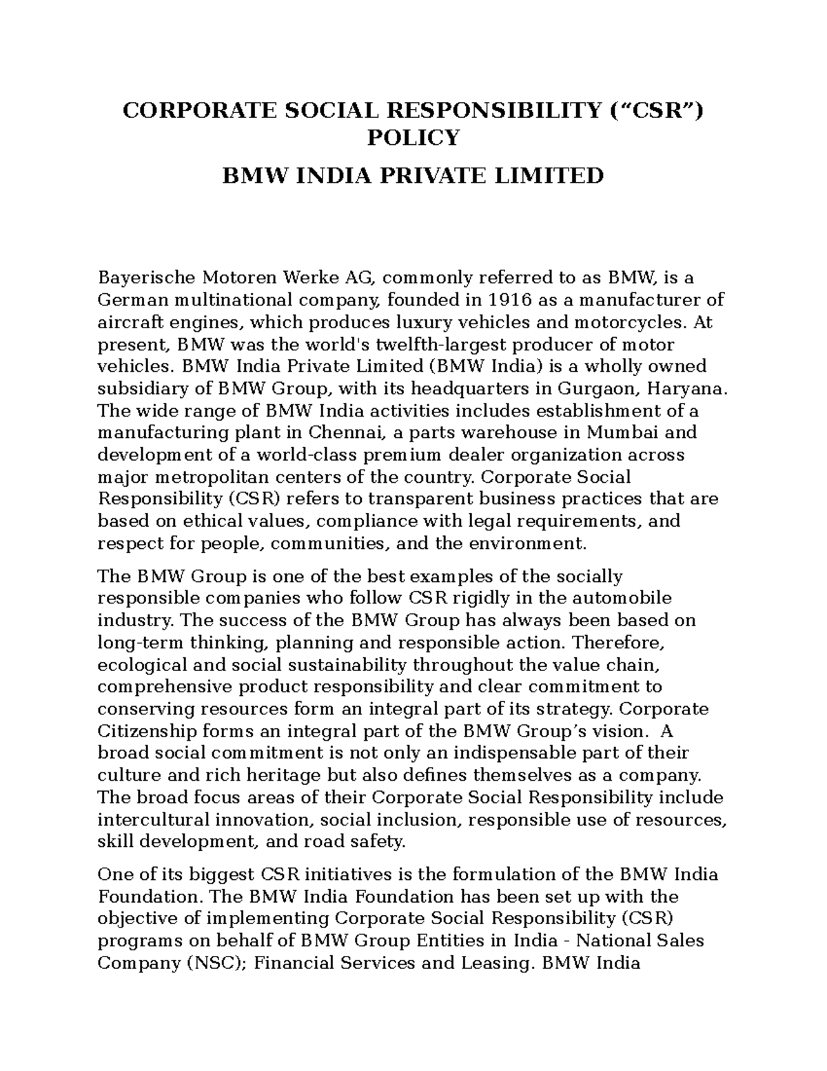 BMW CSR - NOTES - CORPORATE SOCIAL RESPONSIBILITY (“CSR”) POLICY BMW ...