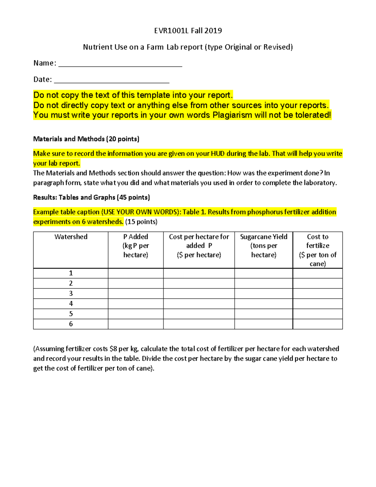 Nutrient use on a farm lab report template - EVR1001L Fall 2019 ...