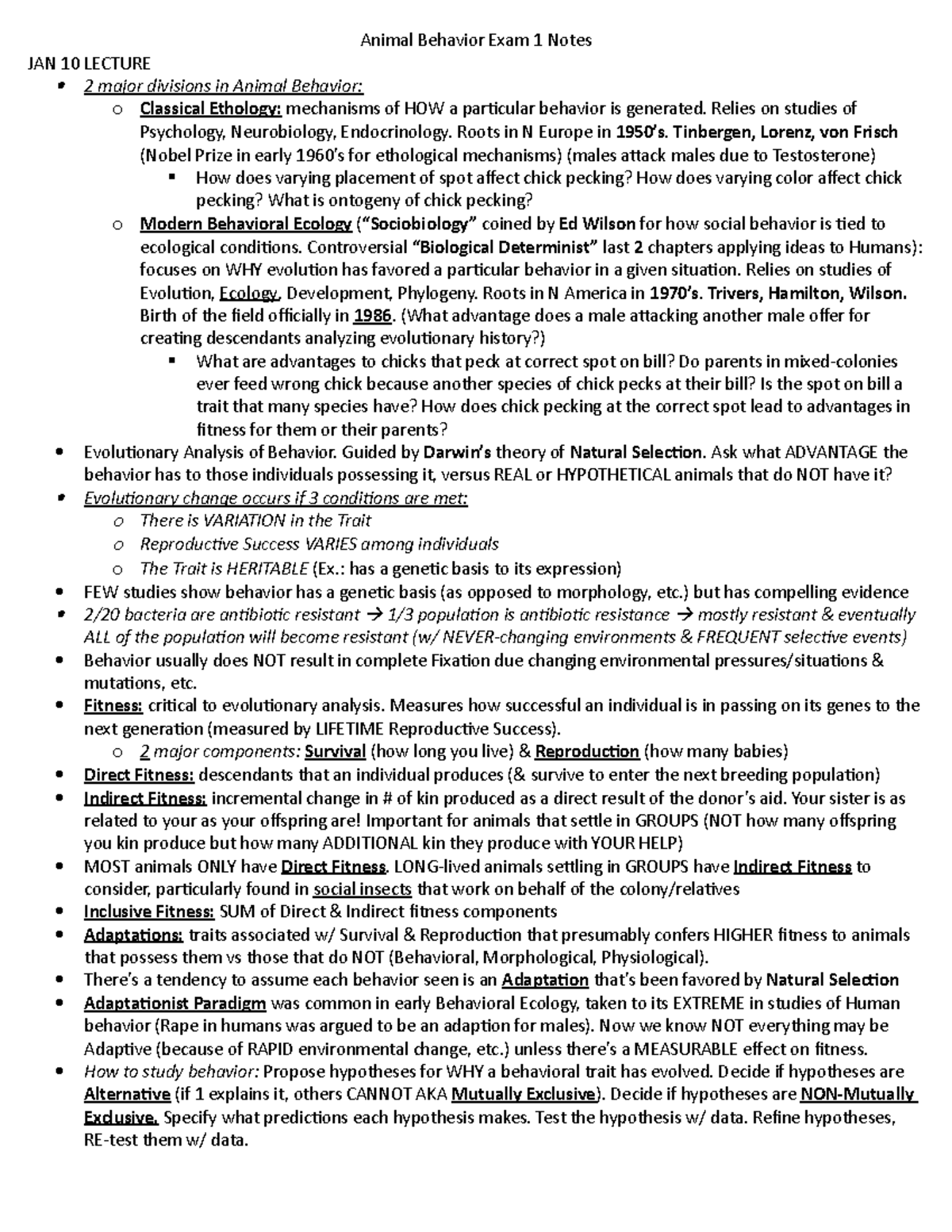 Animal Behavior Exam 1 Notes - Animal Behavior Exam 1 Notes JAN 10 ...