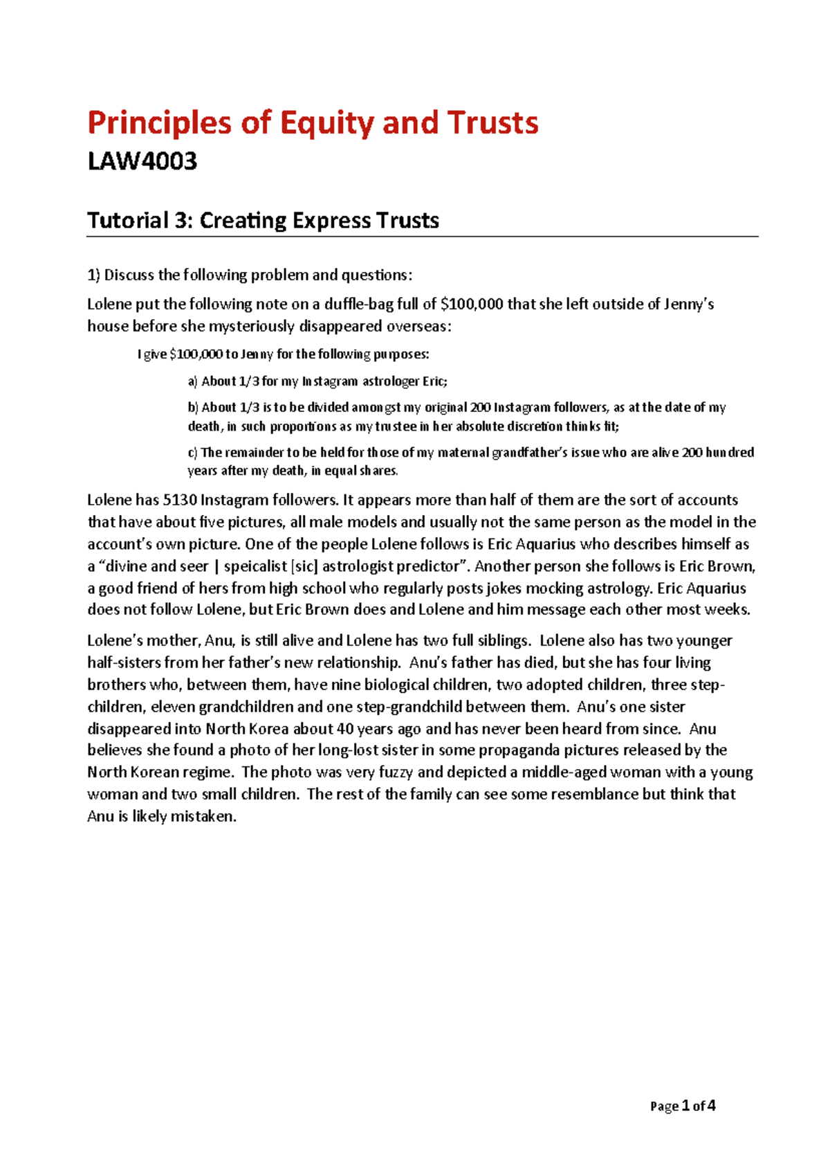 Tutorial 3 Question - Principles of Equity and Trusts LAW Tutorial 3: Creating Express Trusts 1 ...
