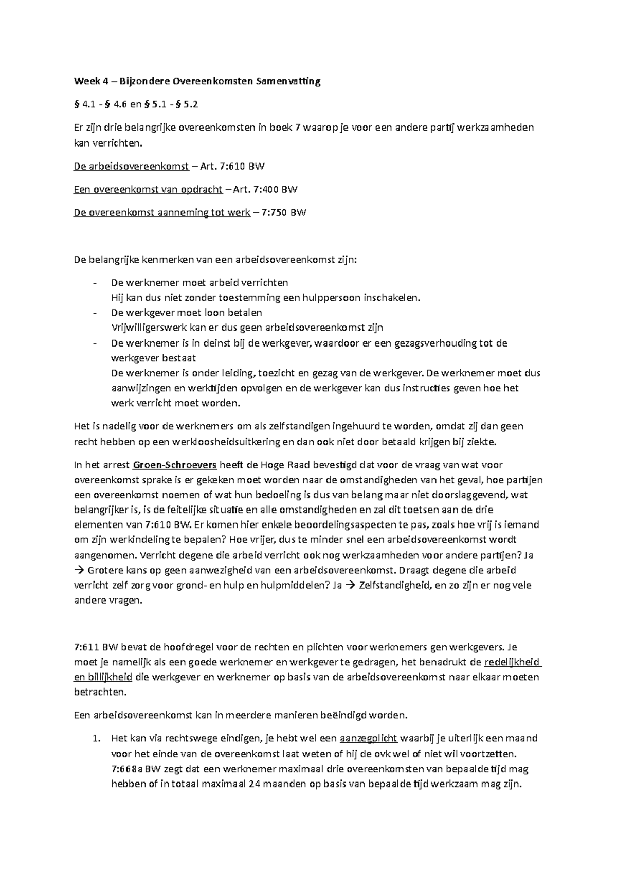 Bijzondere Overeenkomsten Samenvatting Week 4 - De arbeidsovereenkomst ...