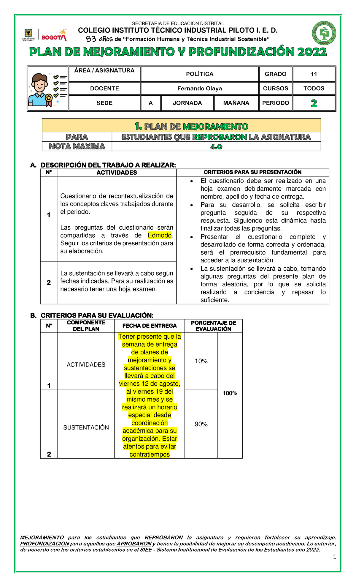 PLAN MP 2P Política 11° Fernandoolaya JM 2022 - SECRETARIA DE EDUCACION ...