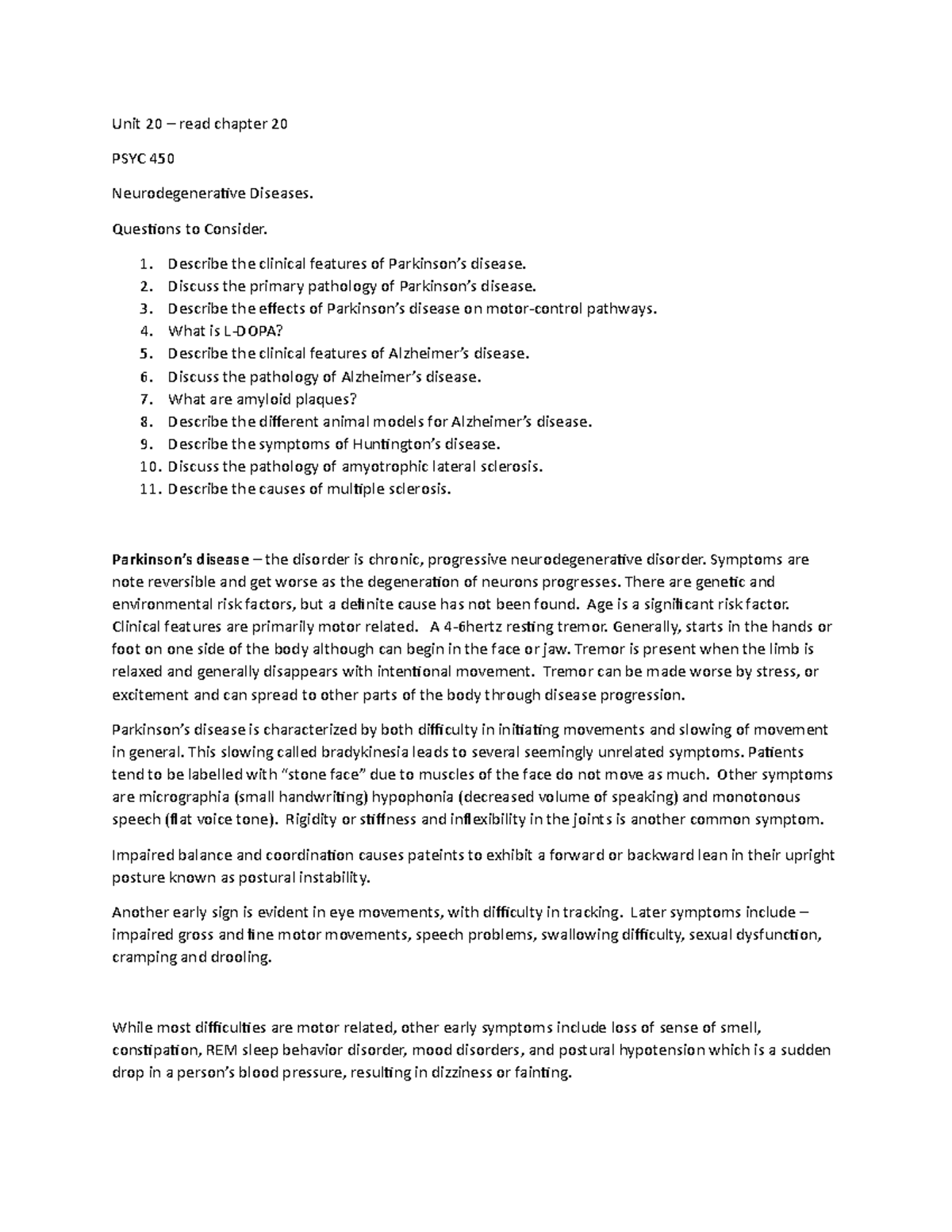 Unit 20 notes - questions to consider - Unit 20 – read chapter 20 PSYC ...