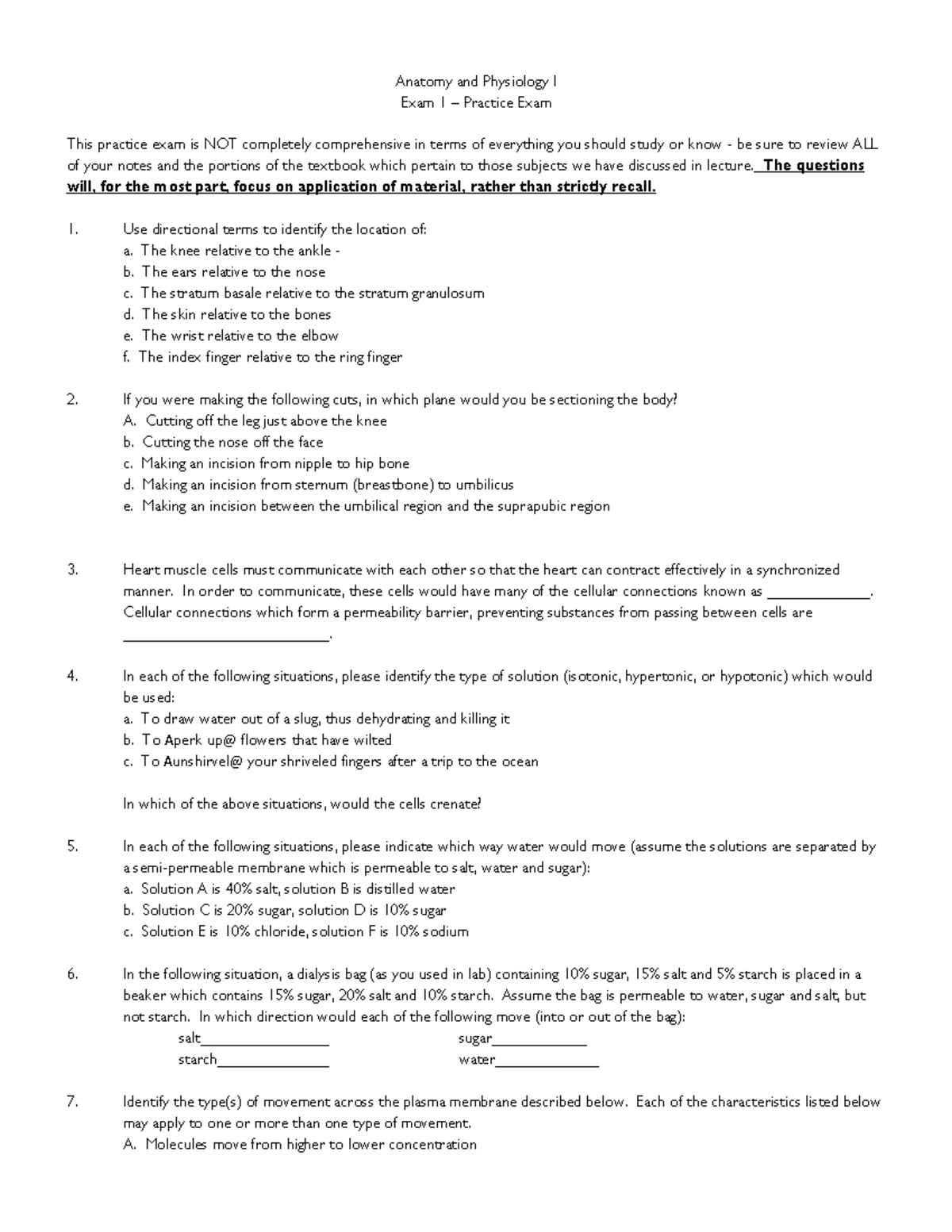 Exam Review 1 - exam material - Anatomy and Physiology I Exam 1 ...
