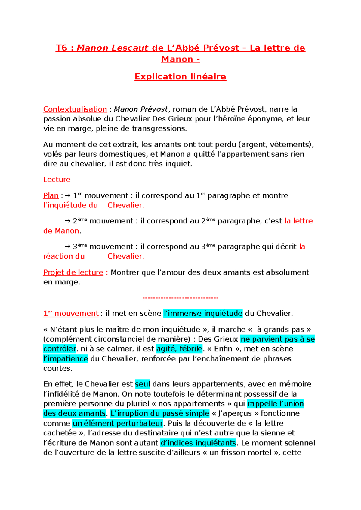 T6 La lettre de Manon Explication linéaire 2 - T6 : Manon Lescaut de L’Abbé Prévost – La lettre ...