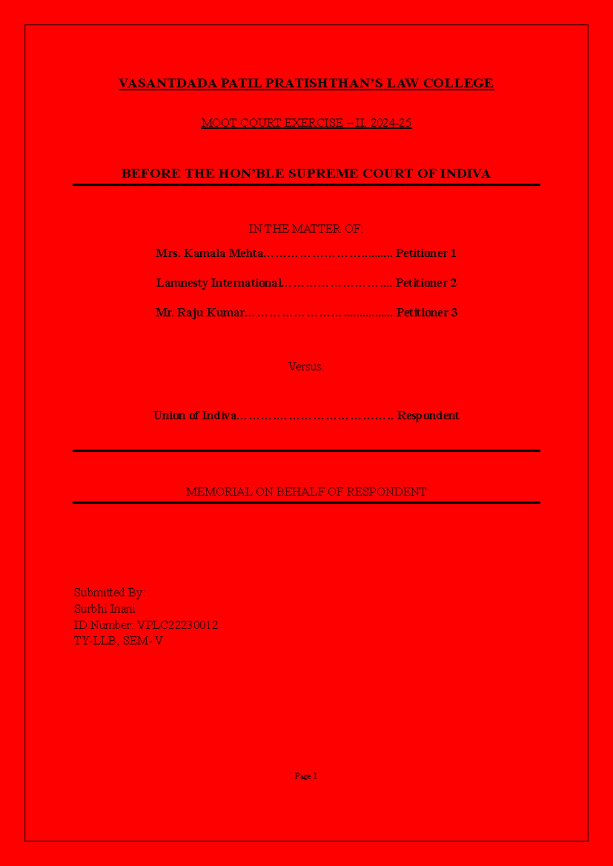 Respondent Memorial - Moot court problem - VASANTDADA PATIL PRATISHTHAN ...