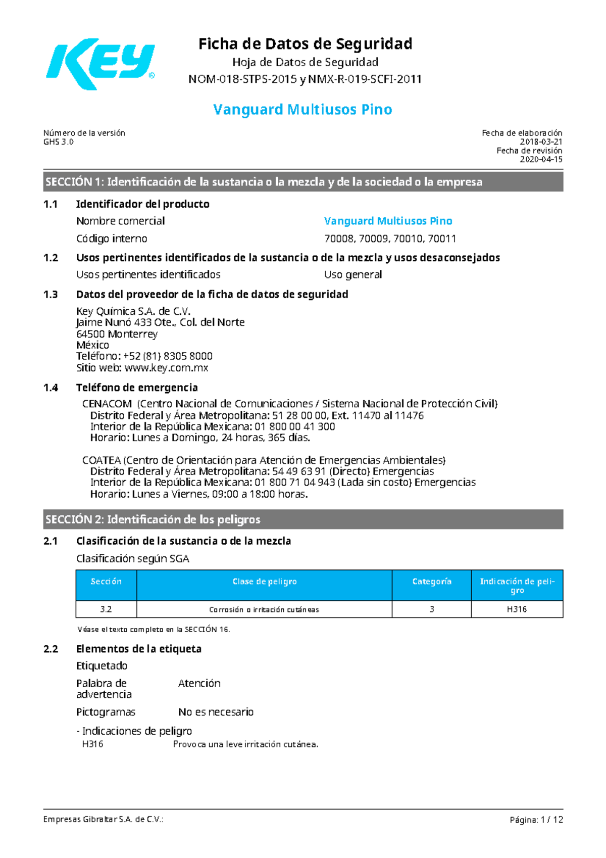 SGA Multiusos pino HDS - SECCIÓN 1: Identificación de la sustancia o la ...