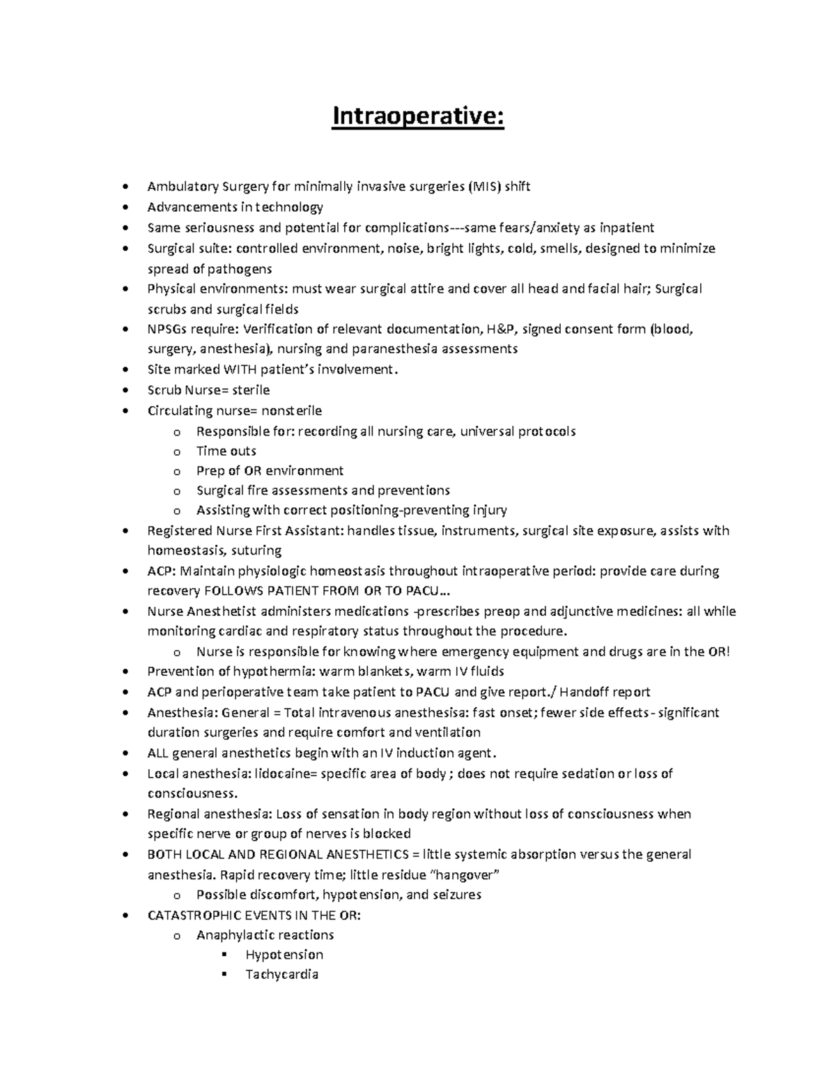 Intraoperative Notes - Intraoperative: Ambulatory Surgery for minimally ...