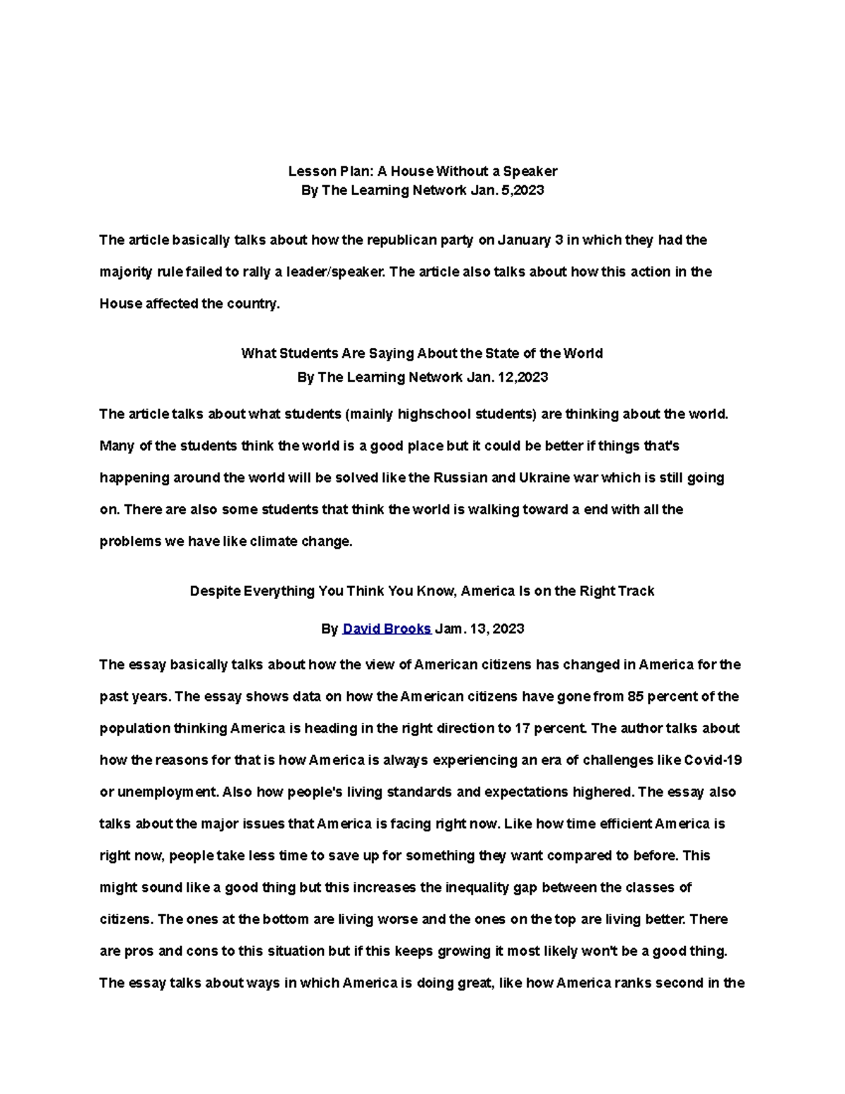 Copy of Current Event #10 - Lesson Plan: A House Without a Speaker By The Learning Network Jan ...
