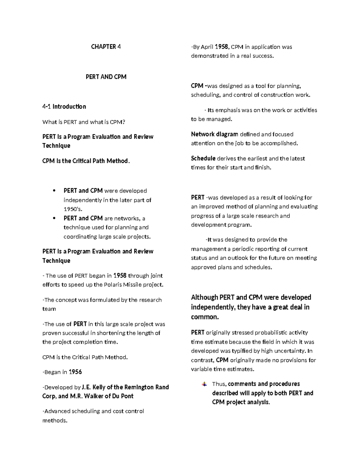 Chapter 4 Management notes - CHAPTER 4 PERT AND CPM 4-1 Introduction ...