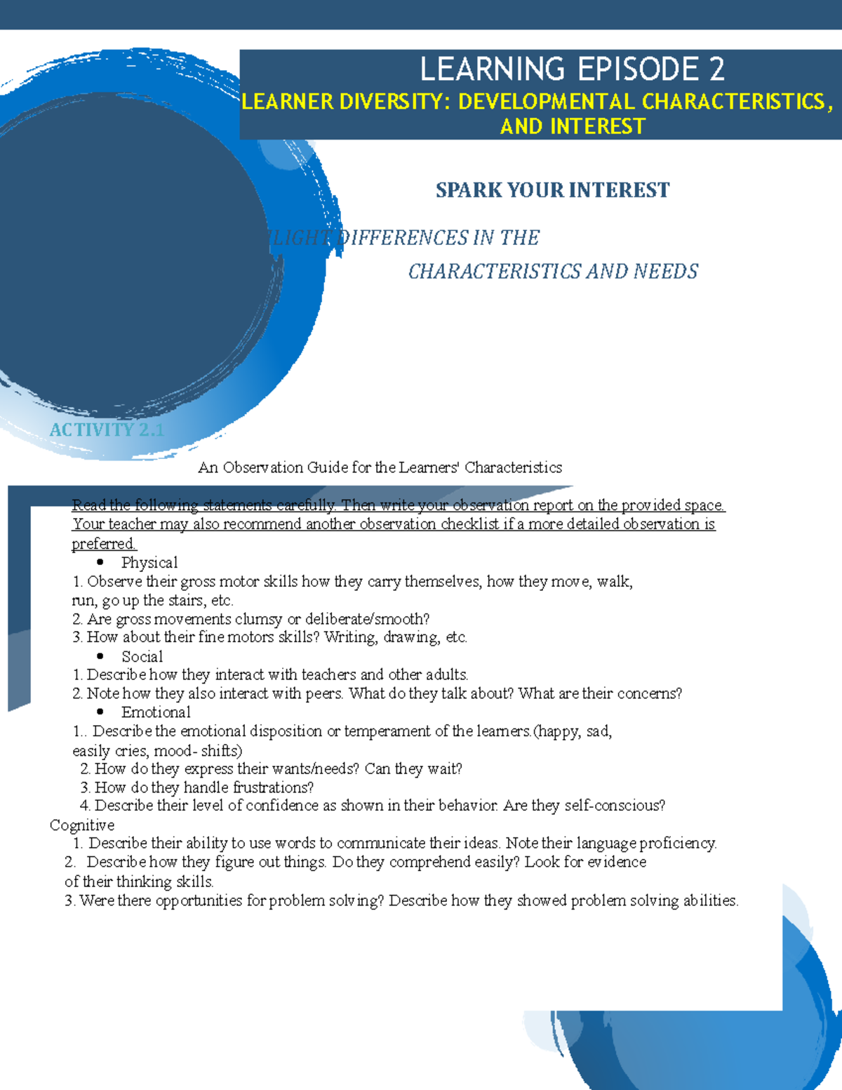 FS-1- Episode-2 jersey - LEARNING EPISODE 2 LEARNER DIVERSITY: DEVELOPMENTAL CHARACTERISTICS, N ...