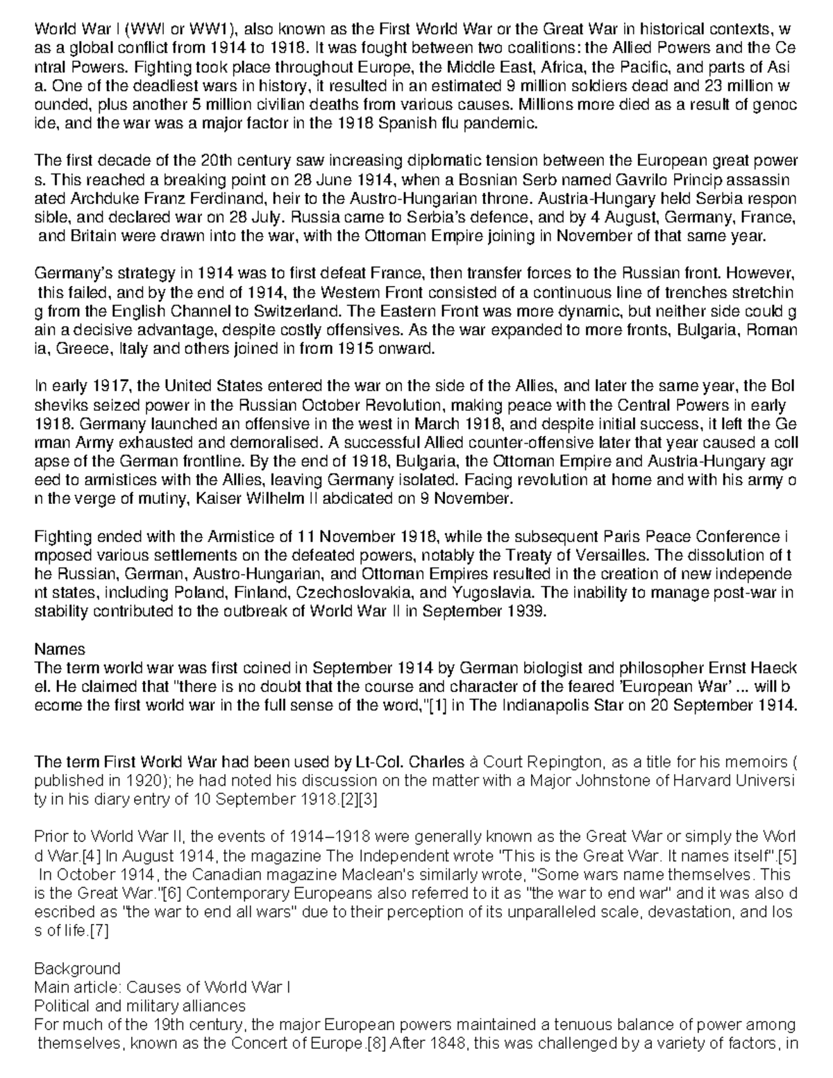 world war 2 notes - World War I (WWI or WW1), also known as the First ...