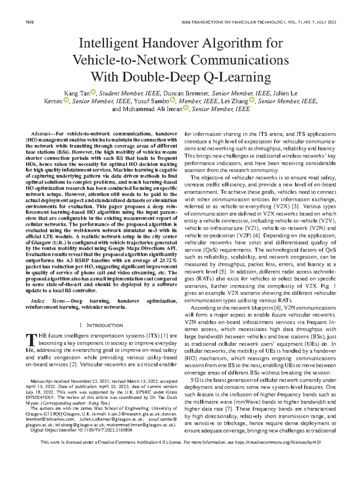 Intelligent Handover Algorithm For Vehicle To Network Communications With Double Deep Q Learning