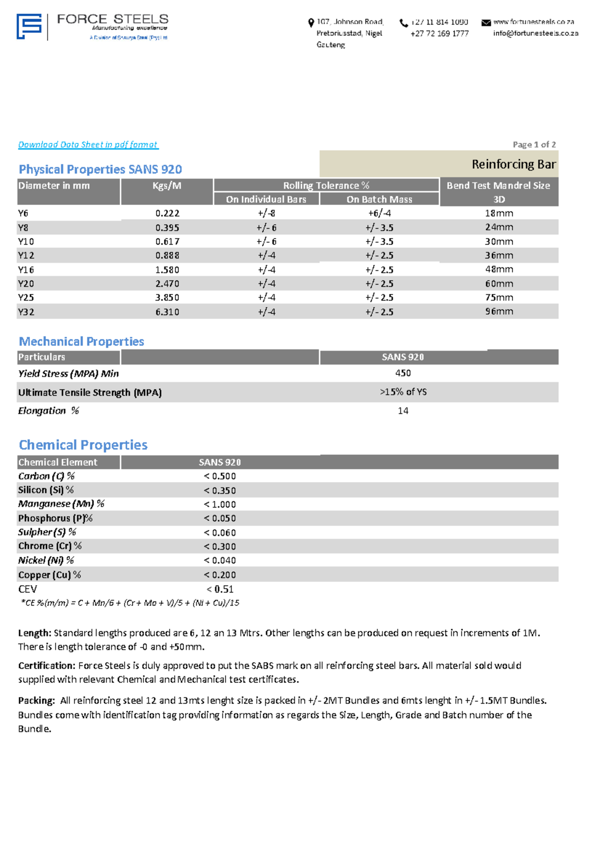 Rebar-Specification - Description of rebar detail, - Download Data Sheet in pdf format Page 1 of ...