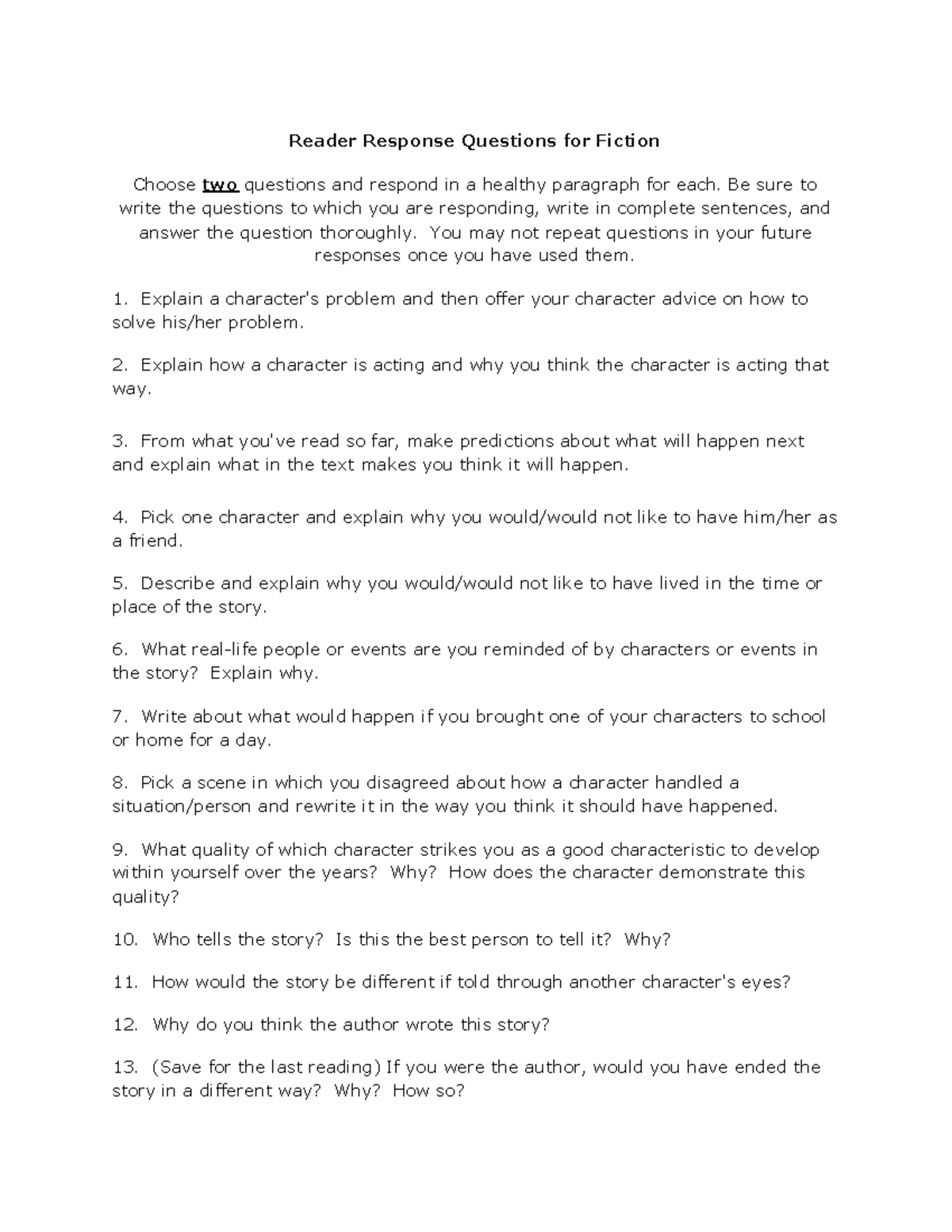 Reader Response Questions for Fiction - Be sure to write the questions ...